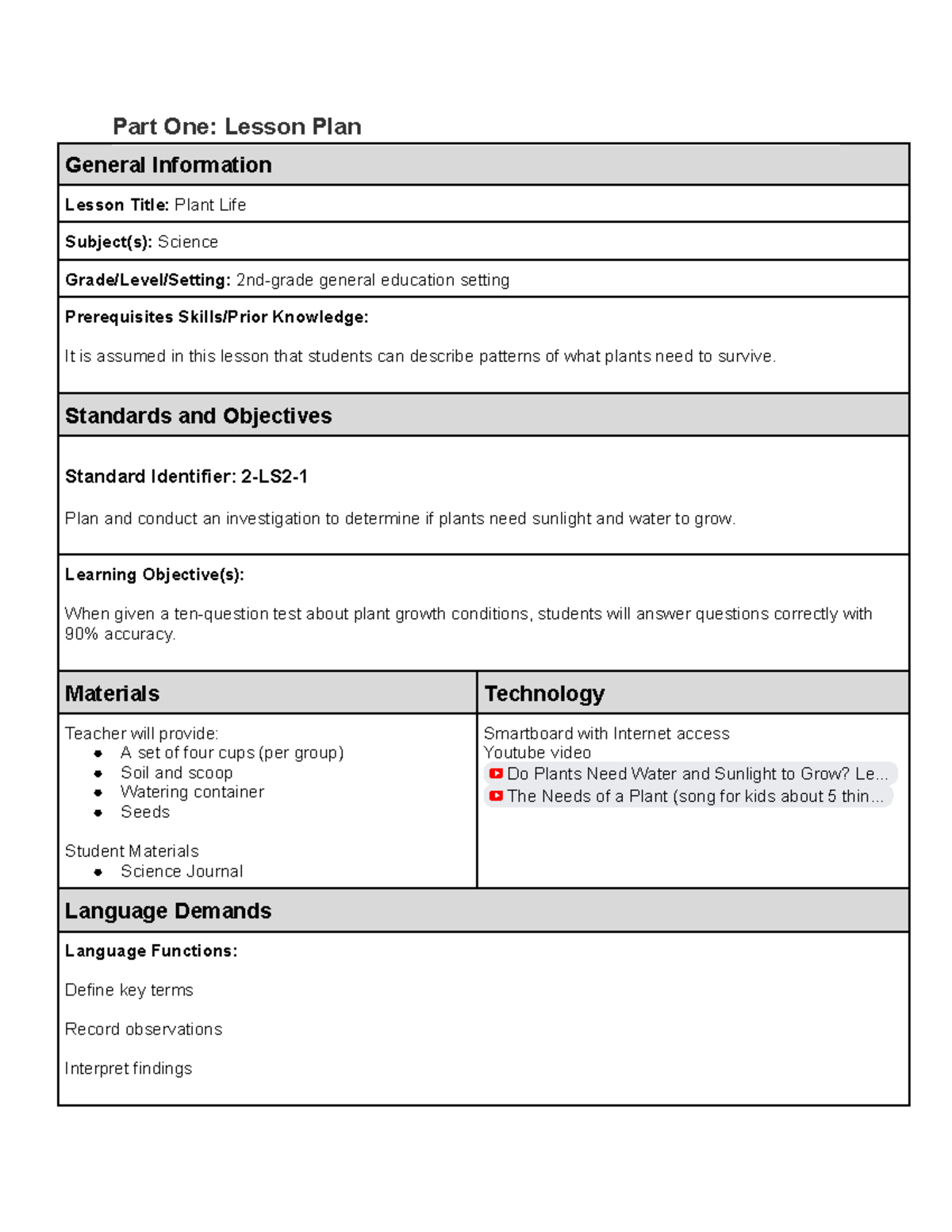 C108 Lesson Plan: Exploring Plant Life for 2nd Grade - Part One: Lesson ...