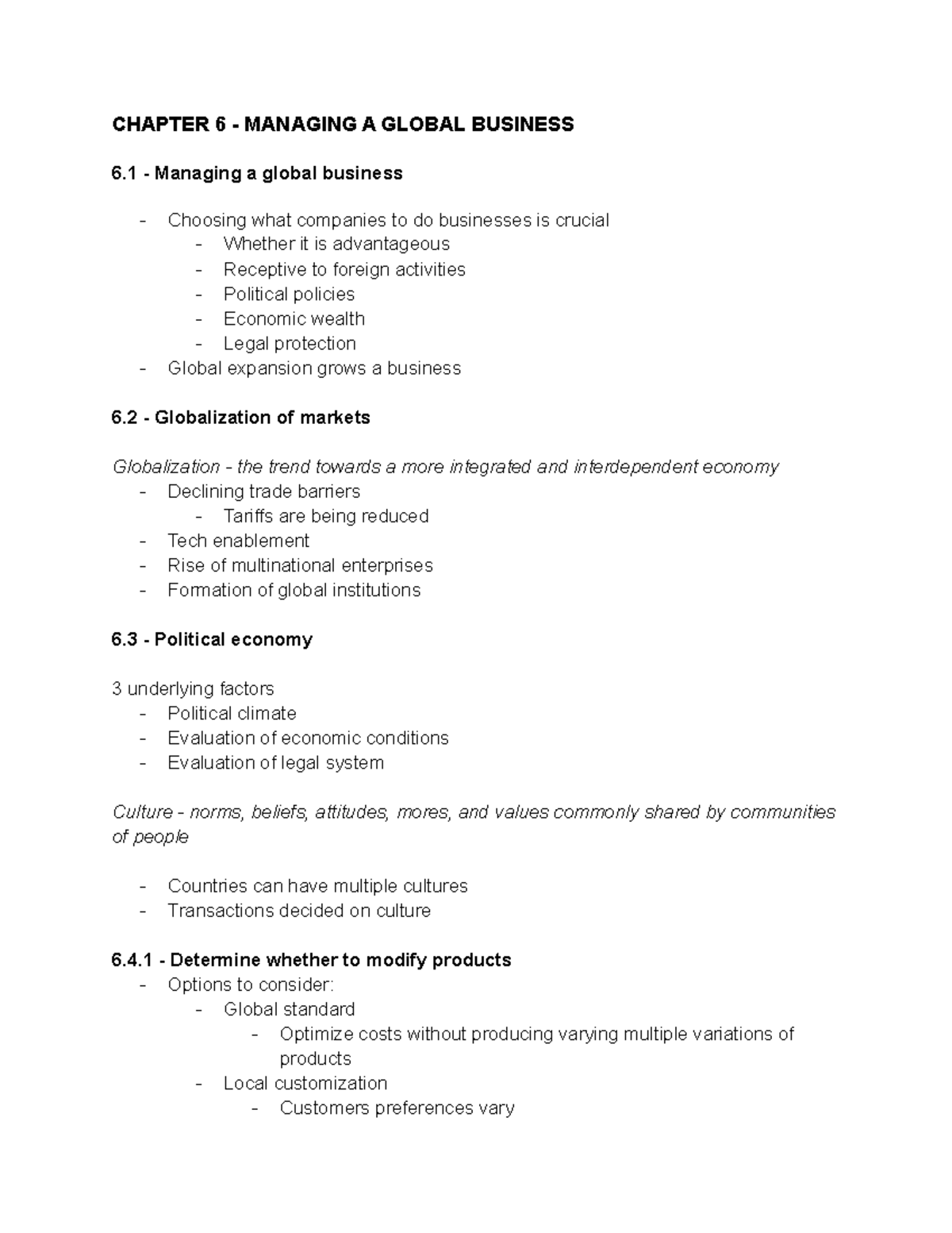 Chapter 6 Study Guide - CHAPTER 6 - MANAGING A GLOBAL BUSINESS 6 ...
