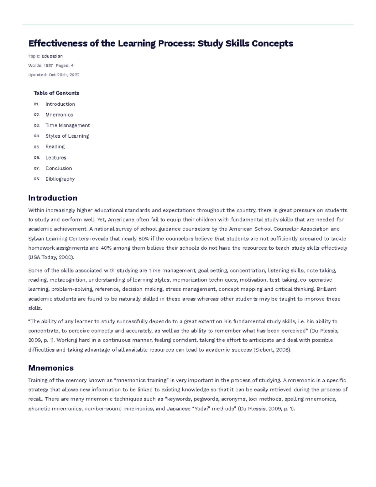 Effectiveness of the Learning Process- Study Skills Concepts Free Essay ...