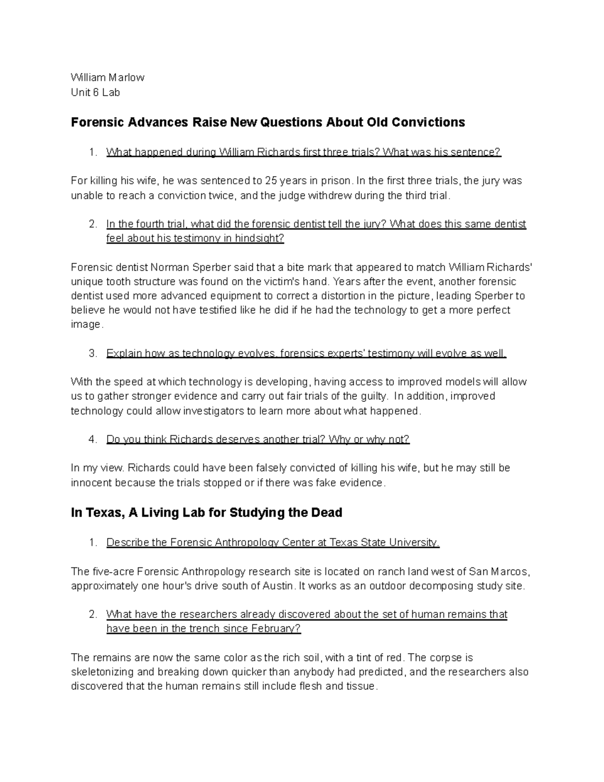 Unit 6 Lab - Cheet Sheet - William Marlow Unit 6 Lab Forensic Advances ...