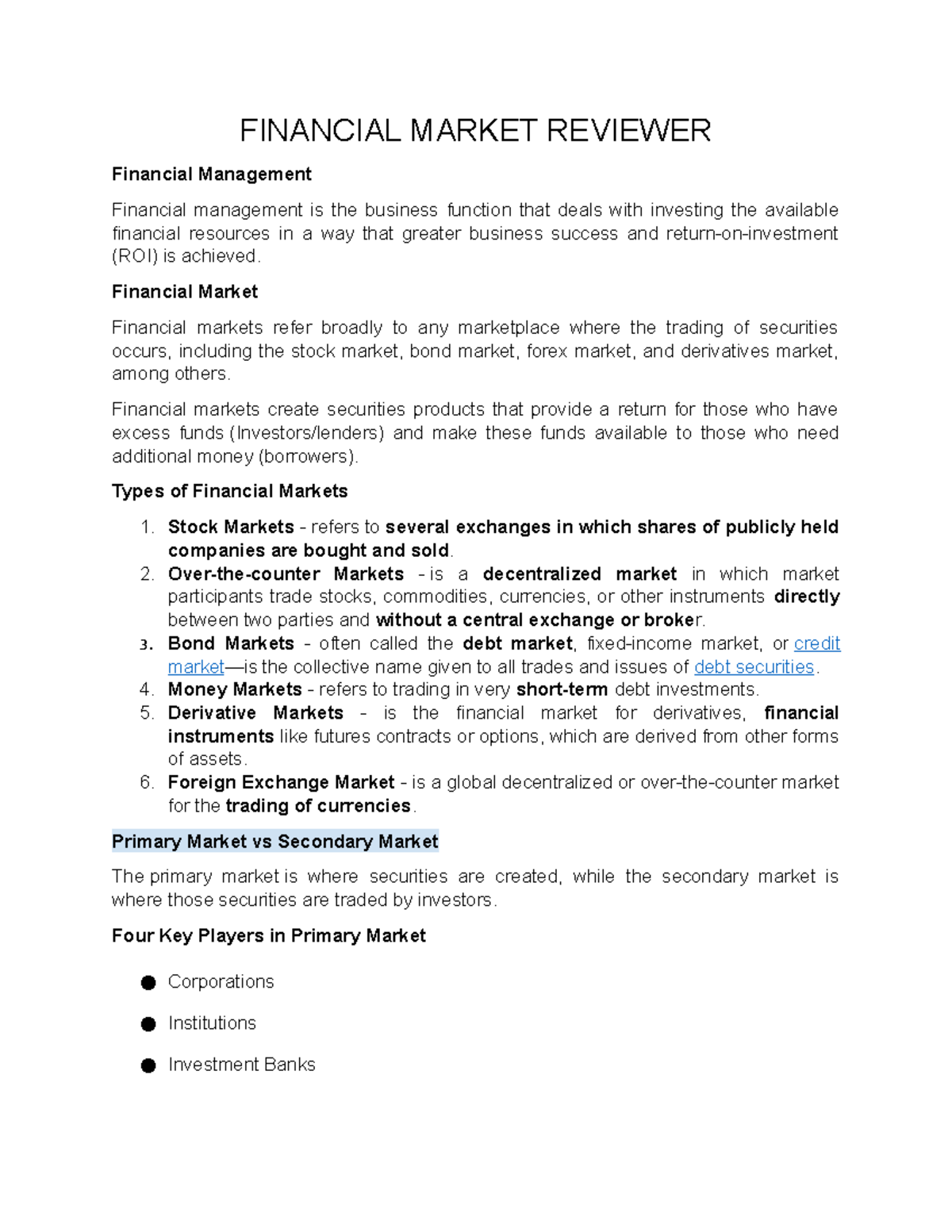 Financial Market Reviewer - FINANCIAL MARKET REVIEWER Financial ...