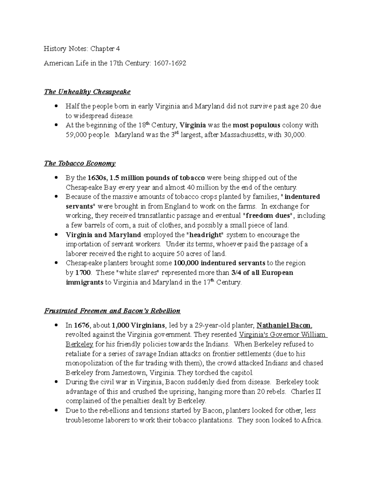 History Notes Ch 4 - History Notes: Chapter 4 American Life in the 17th ...