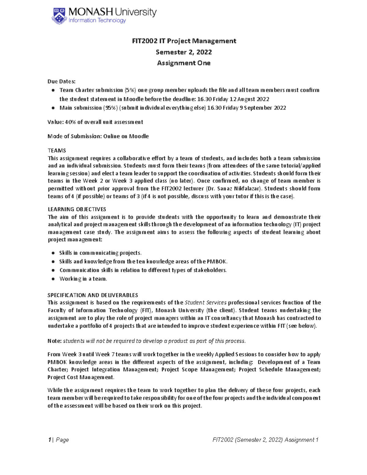 FIT2002 2022-S2-Assignment-1 - FIT2002 IT Project Management Semester 2, 2022 Assignment One Due ...