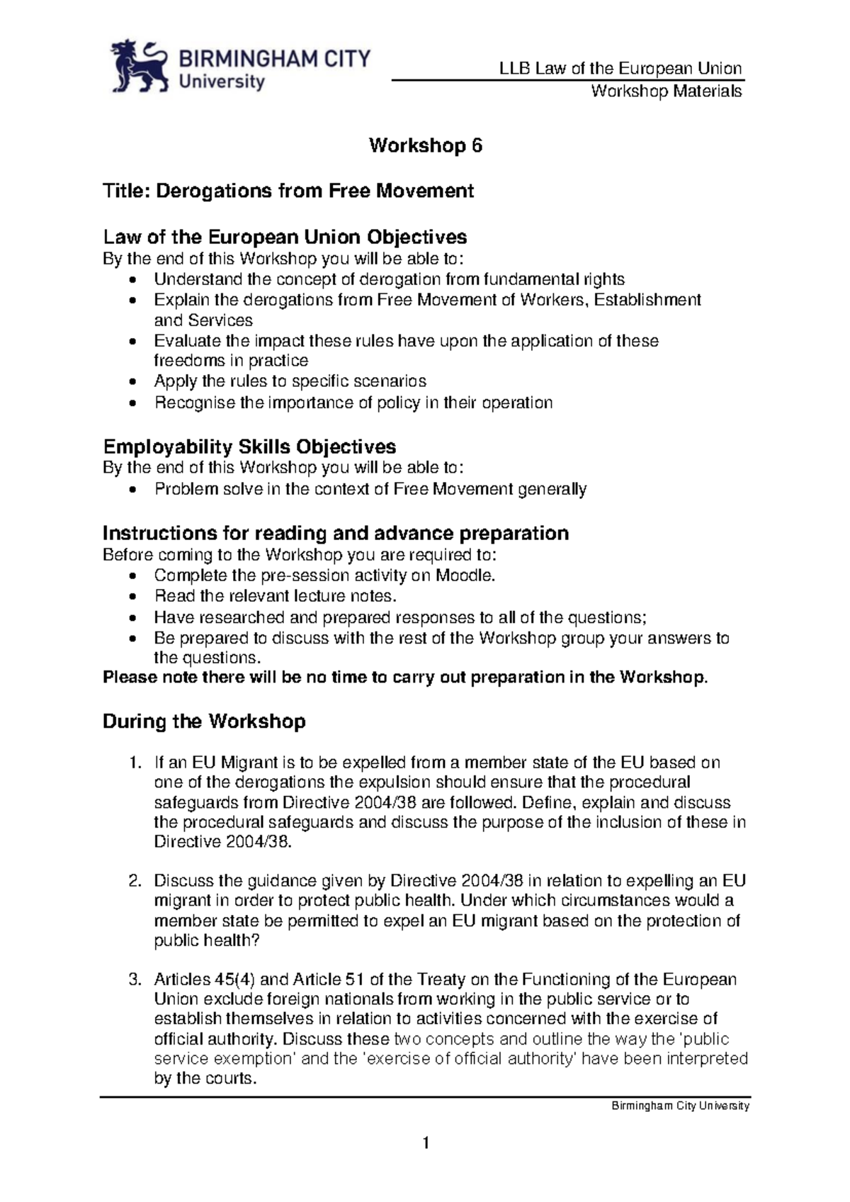 LAW6064 Workshop 6 - LLB Law of the European Union Workshop Materials ...