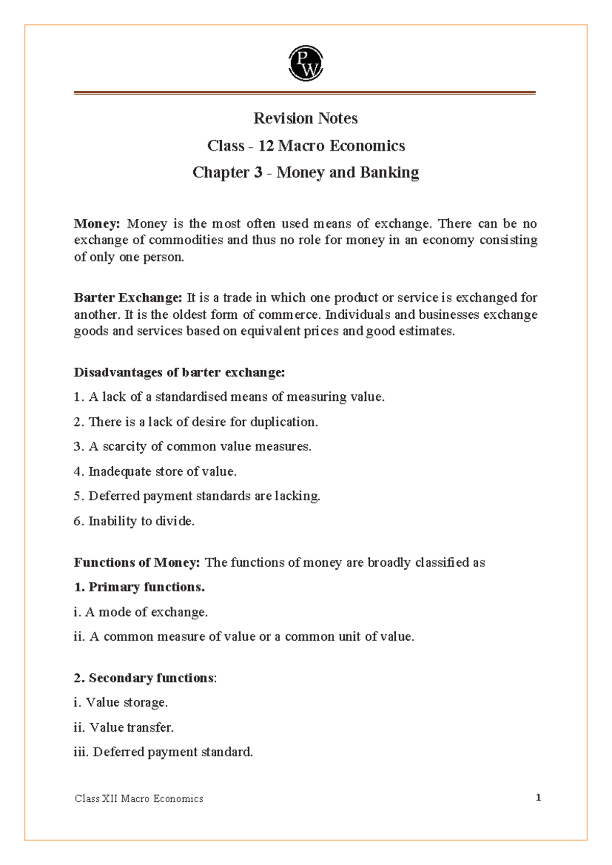 Money and Banking Class 12 Notes CBSE Macro Economics Chapter 3 PDF 1 ...
