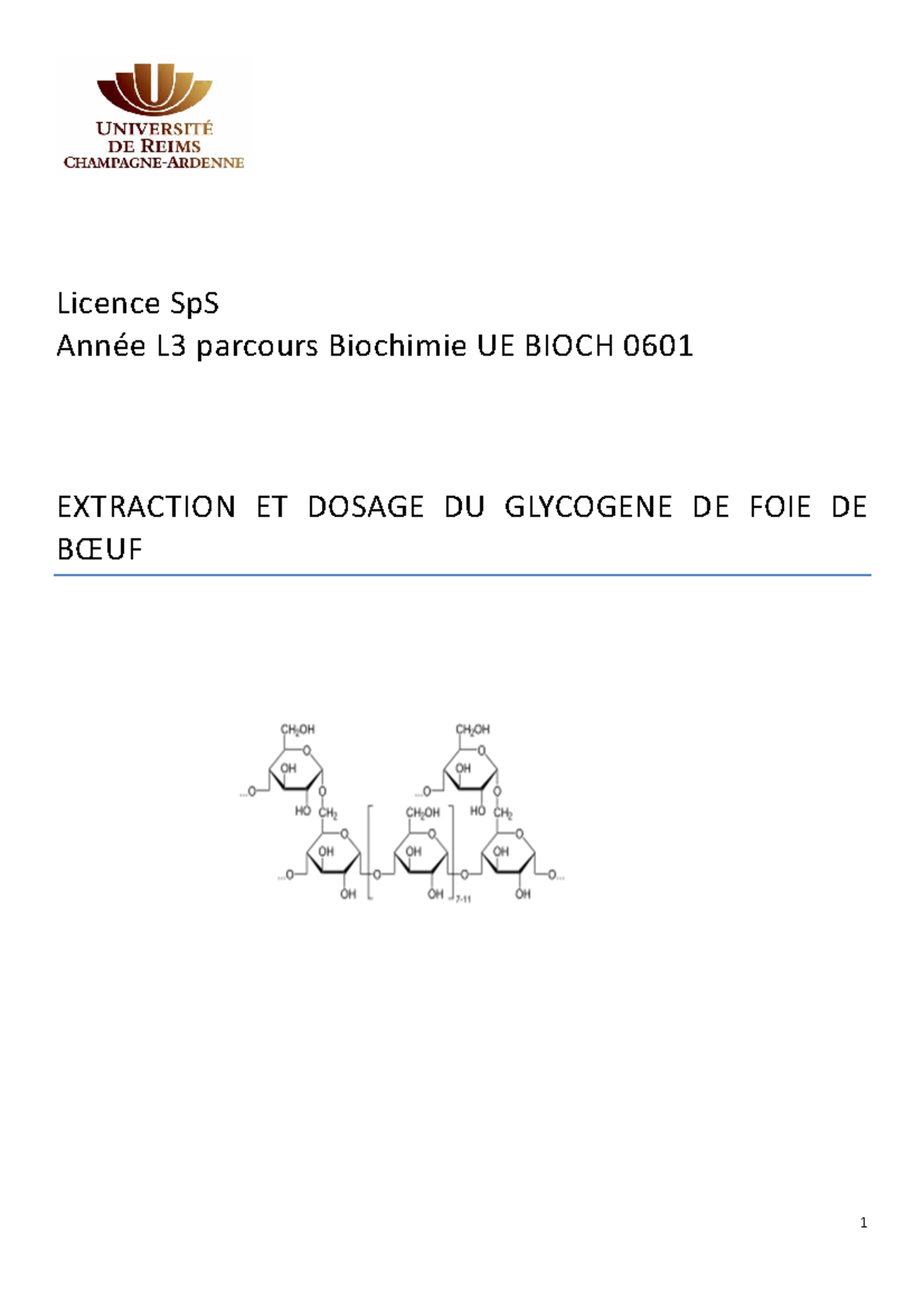 TP Glycogene - bioch - Licence SpS Année L3 parcours Biochimie UE BIOCH ...