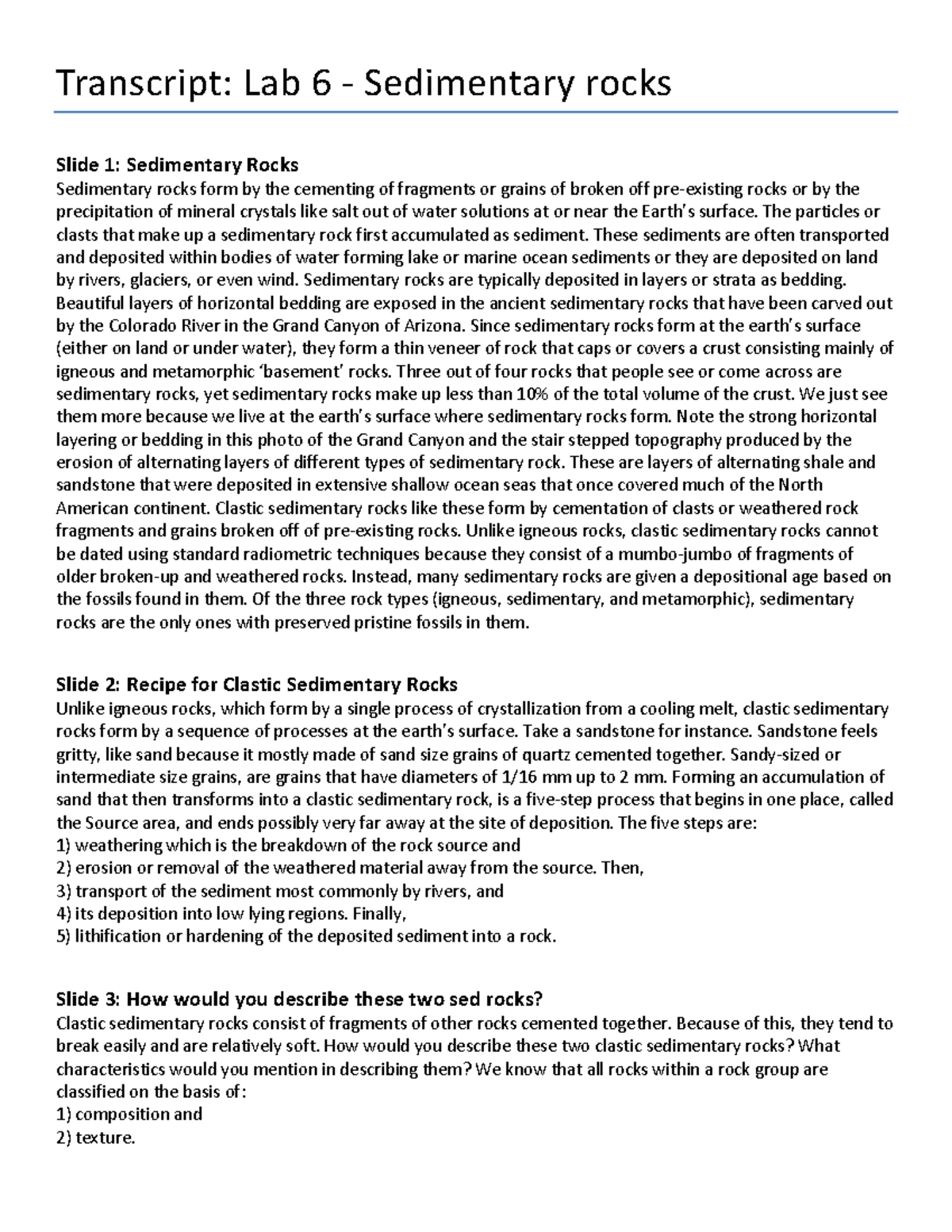 Lab 06 Transcript - Transcript: Lab 6 - Sedimentary rocks Slide 1 ...