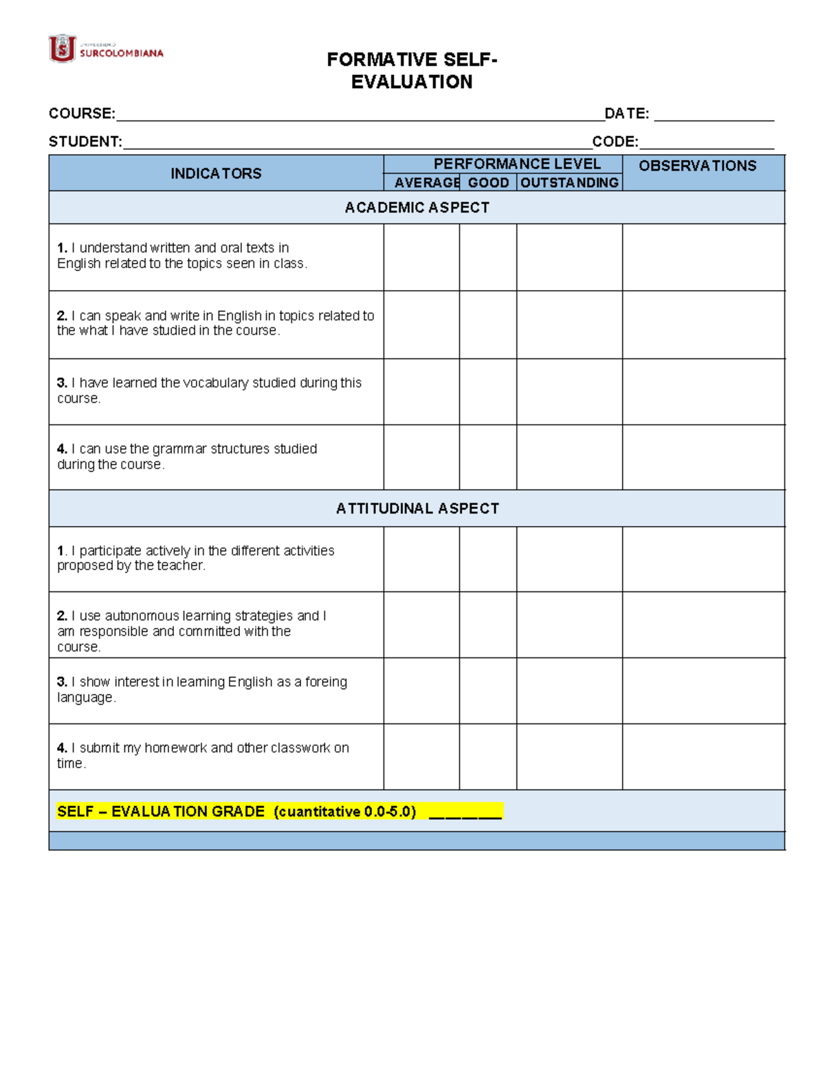 Autoevaluacion ingles - FORMATIVE SELF- EVALUATION COURSE: DATE ...