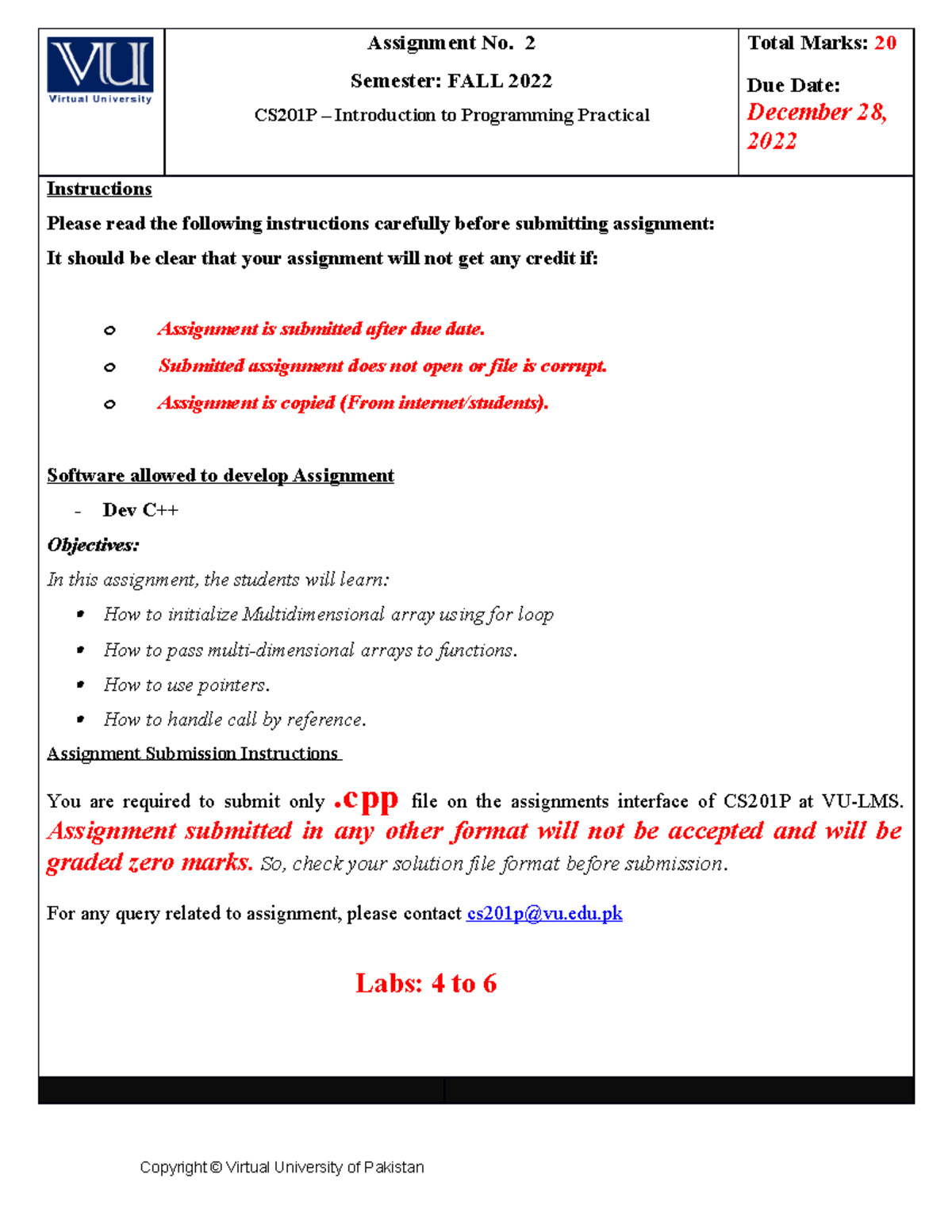 Fall 2022 CS201P 2 - Assignment No. 2 Semester: FALL 2022 CS201P – Introduction to Programming ...