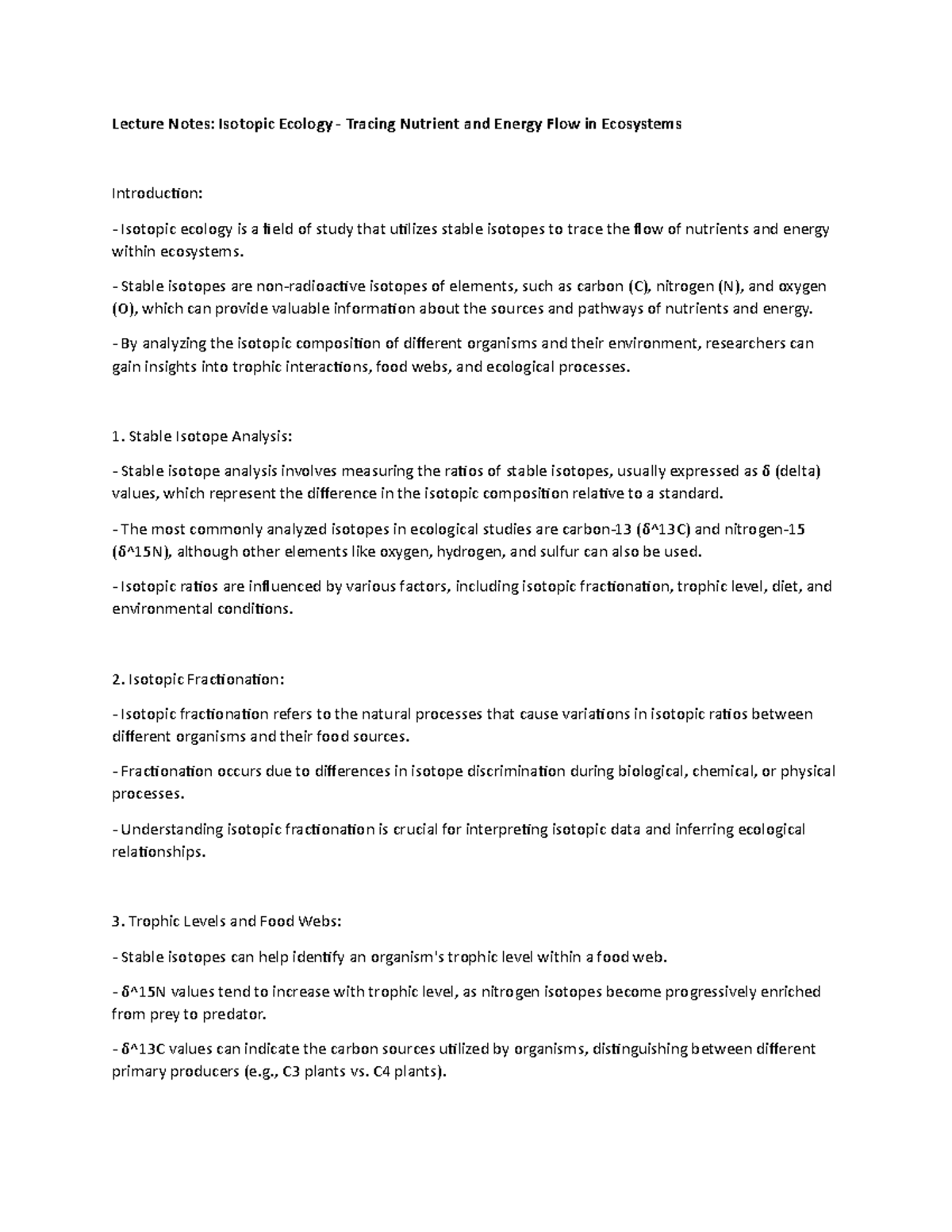 Lecture Notes Isotopic Ecology Tracing Nutrient And Energy Flow In