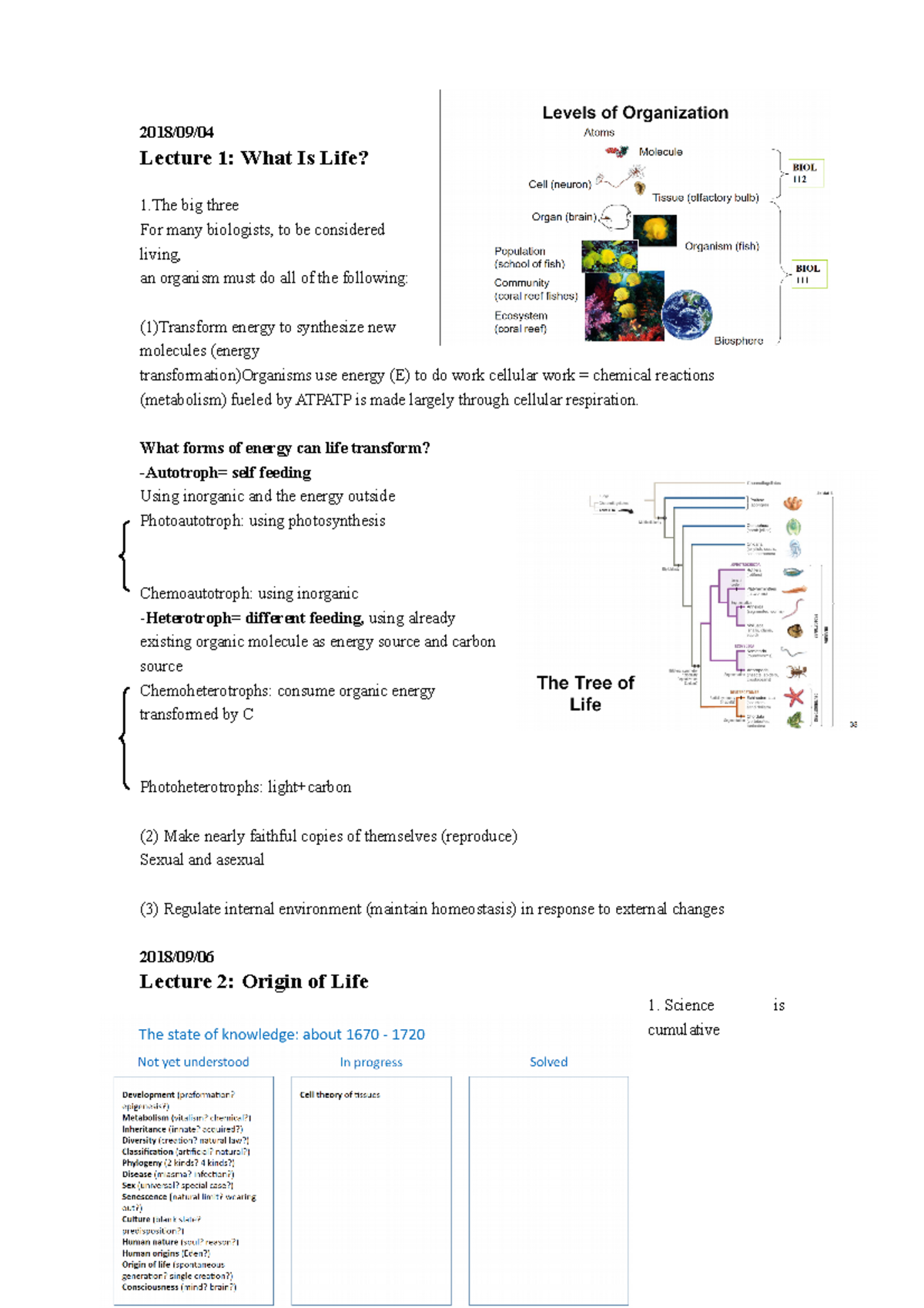 BIO111 lecture 1&2 notes - 2018/09/04 Lecture 1: What Is Life? 1 big ...