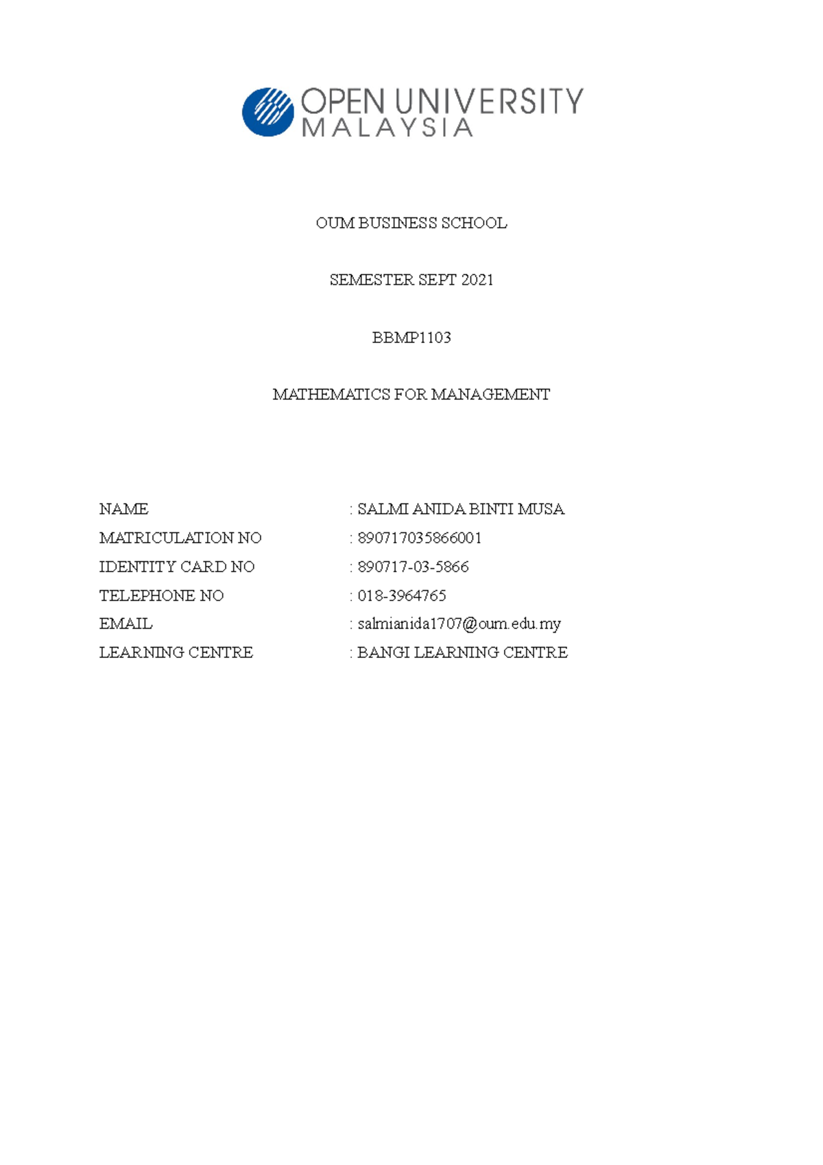 MATH MGT - .... - OUM BUSINESS SCHOOL SEMESTER SEPT 2021 BBMP ...