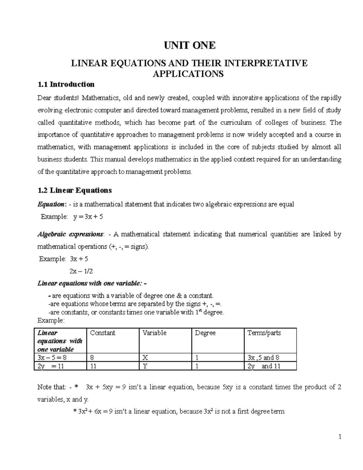 Business Mathematics - UNIT ONEUNIT ONE LINEAR EQUATIONS AND THEIR ...