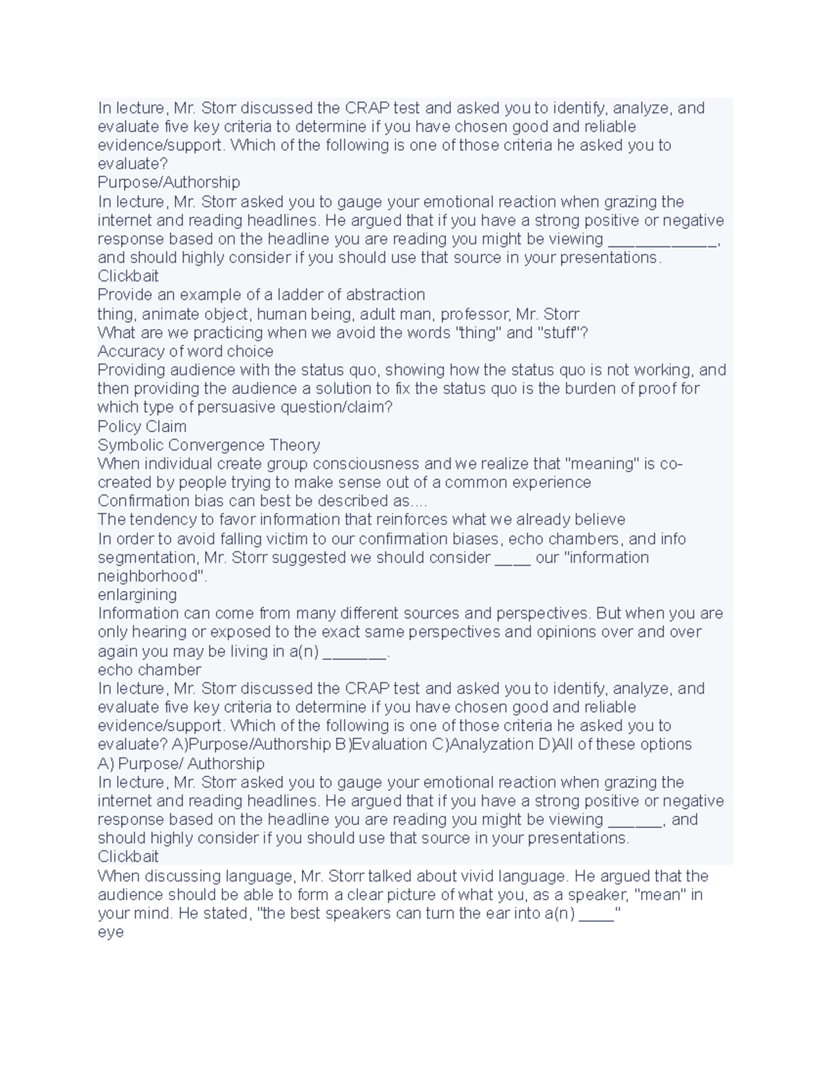 Comm 43 - practice - In lecture, Mr. Storr discussed the CRAP test and ...