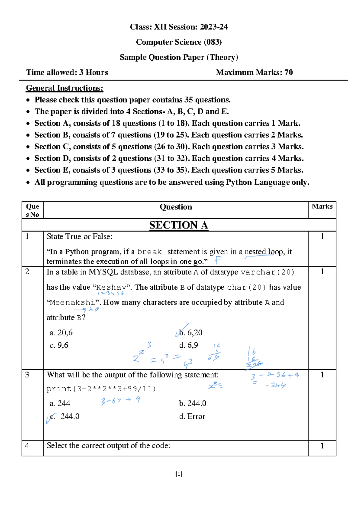 Computer Science-SQP - solved qp - Class: XII Session: 2023- Computer ...