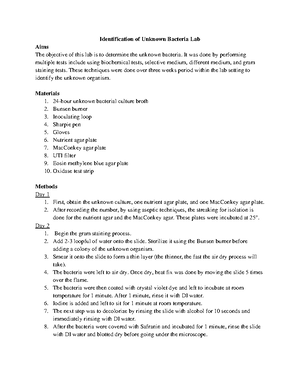 Unknown Bacteria Lab Report - W BIO-215L Identification of Unknown ...