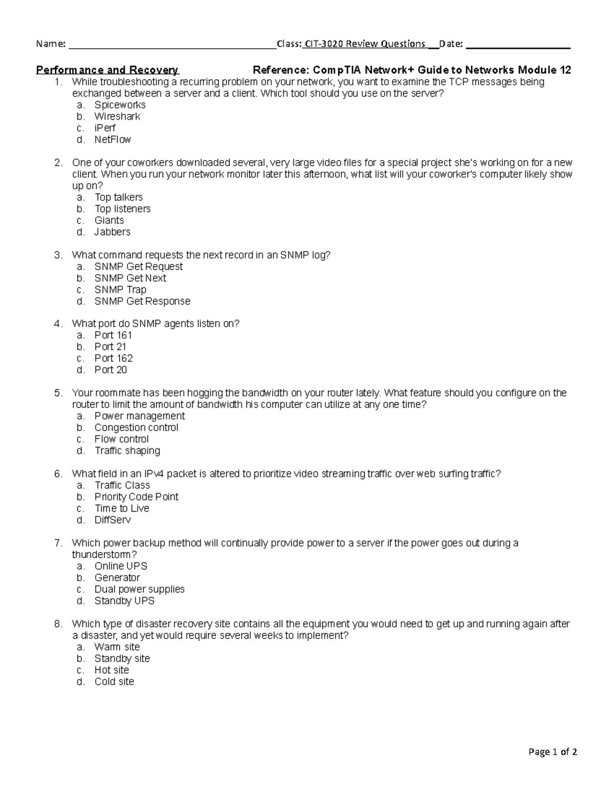 Module 12 Review Questions - Name: ______________________________________Class: CIT-3020 Review ...