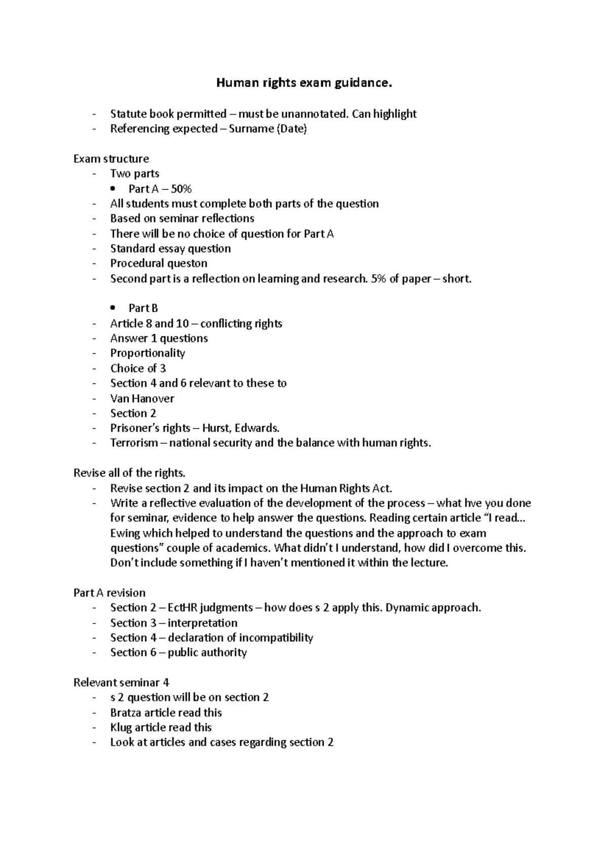 Human rights exam guidance - Statute book permited – must be ...