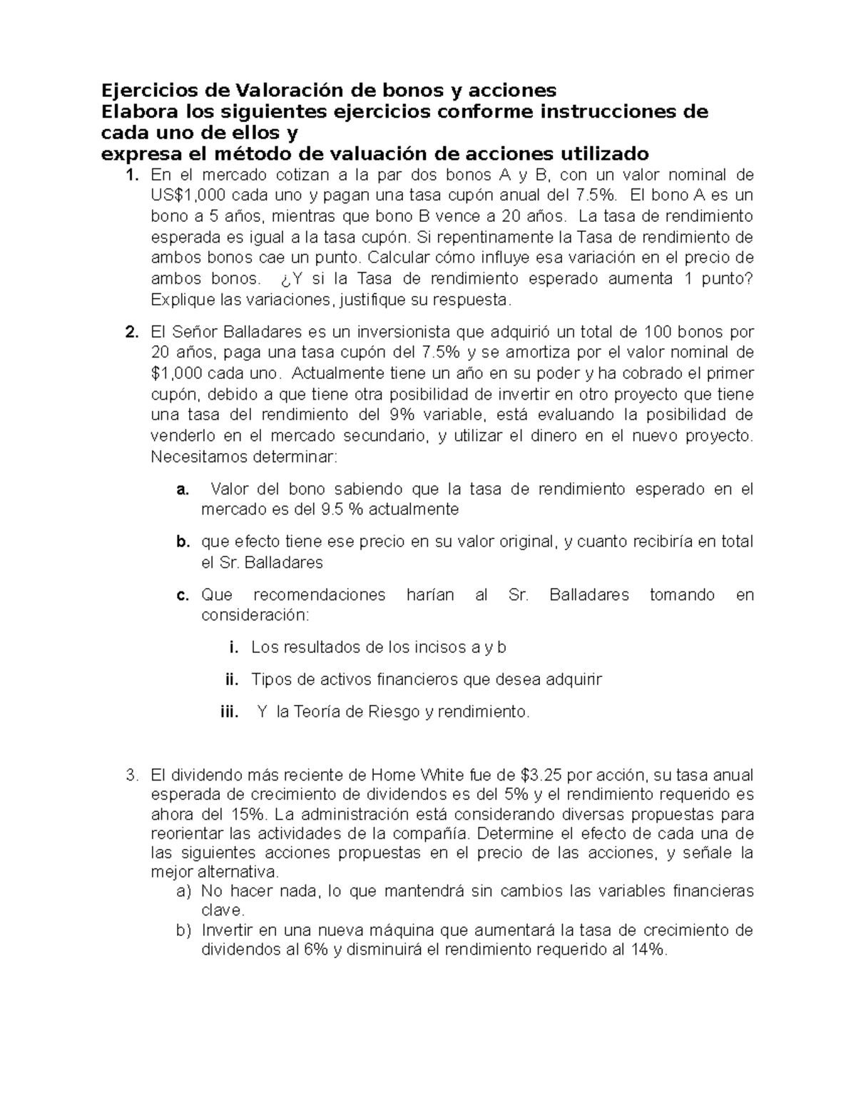 Ejercicio Valuación de Bonos y Acciones - Ejercicios de Valoración de bonos y acciones Elabora ...