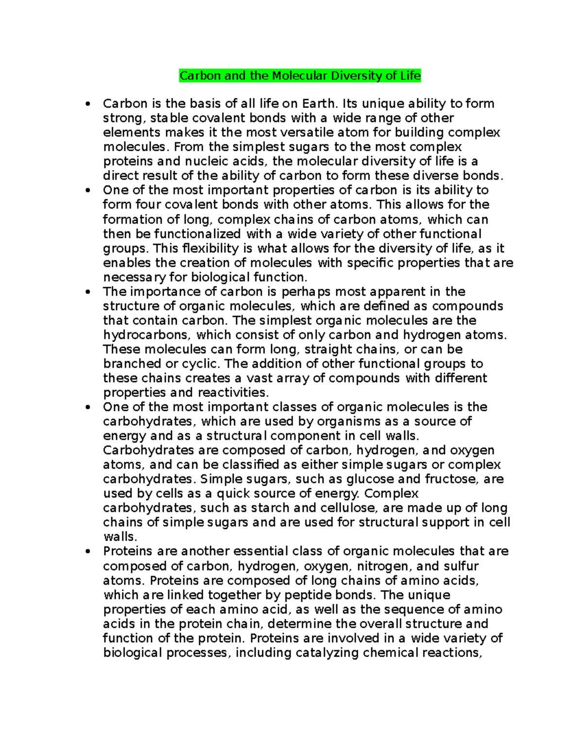 Carbon and the Molecular Diversity of Life - Its unique ability to form ...