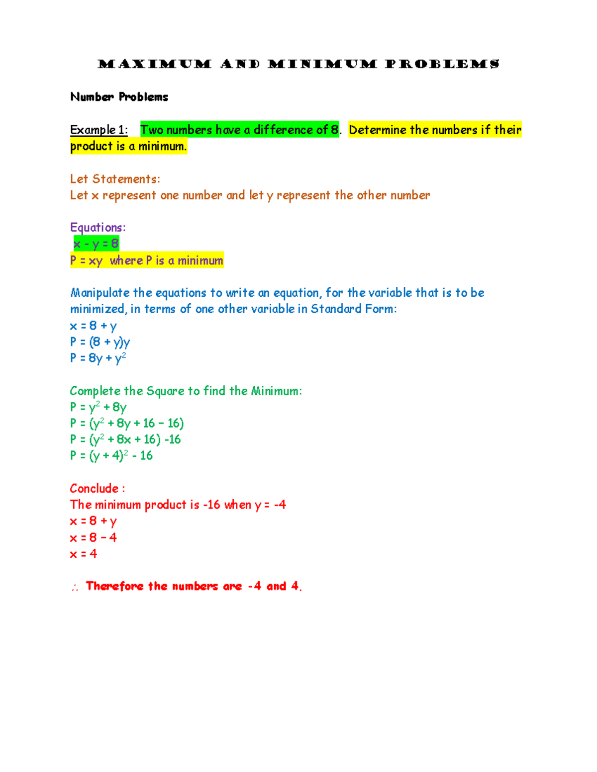 Max Min Number and Revenue - Maximum and Minimum Problems Number Problems Example 1: Two numbers ...