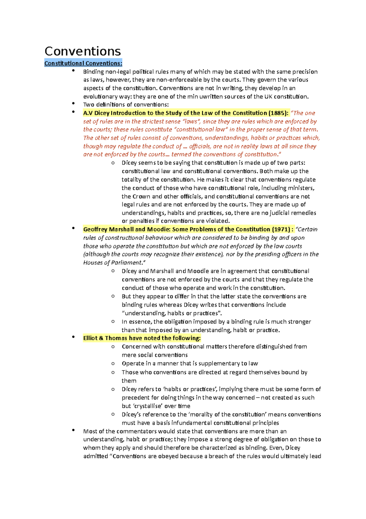 Conventions - Summary - Conventions Consituional Convenions: Binding ...
