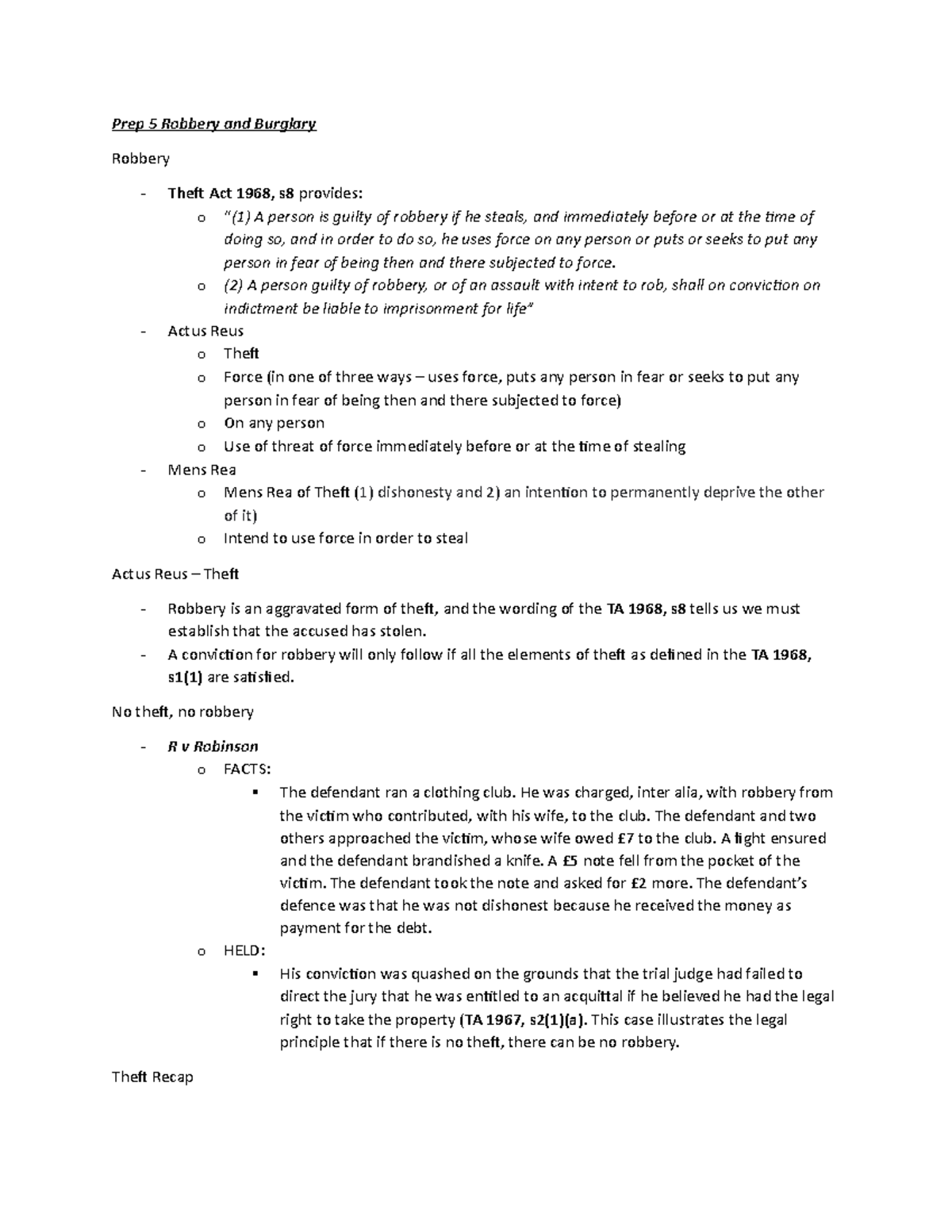 Prep 5 Robbery and Burglary - Prep 5 Robbery and Burglary Robbery Theft ...