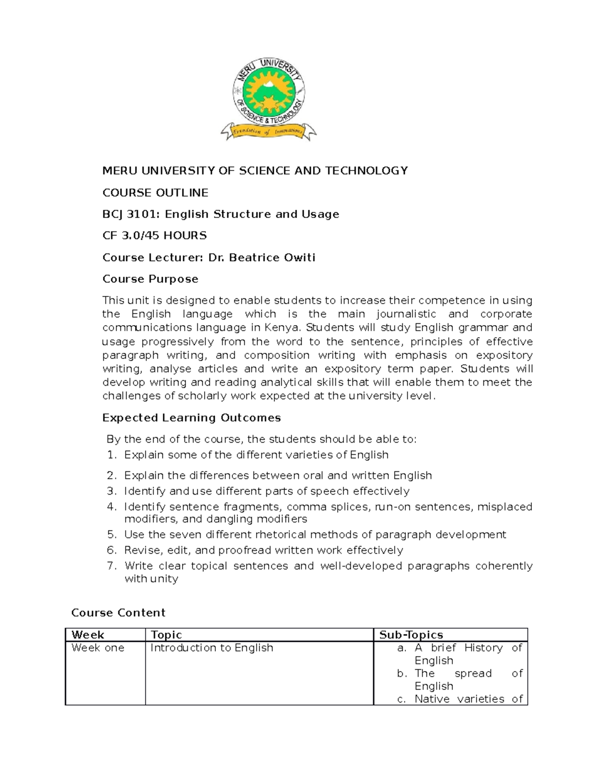 Course Outline BCJ 3101 English Structure and Usage - MERU UNIVERSITY ...