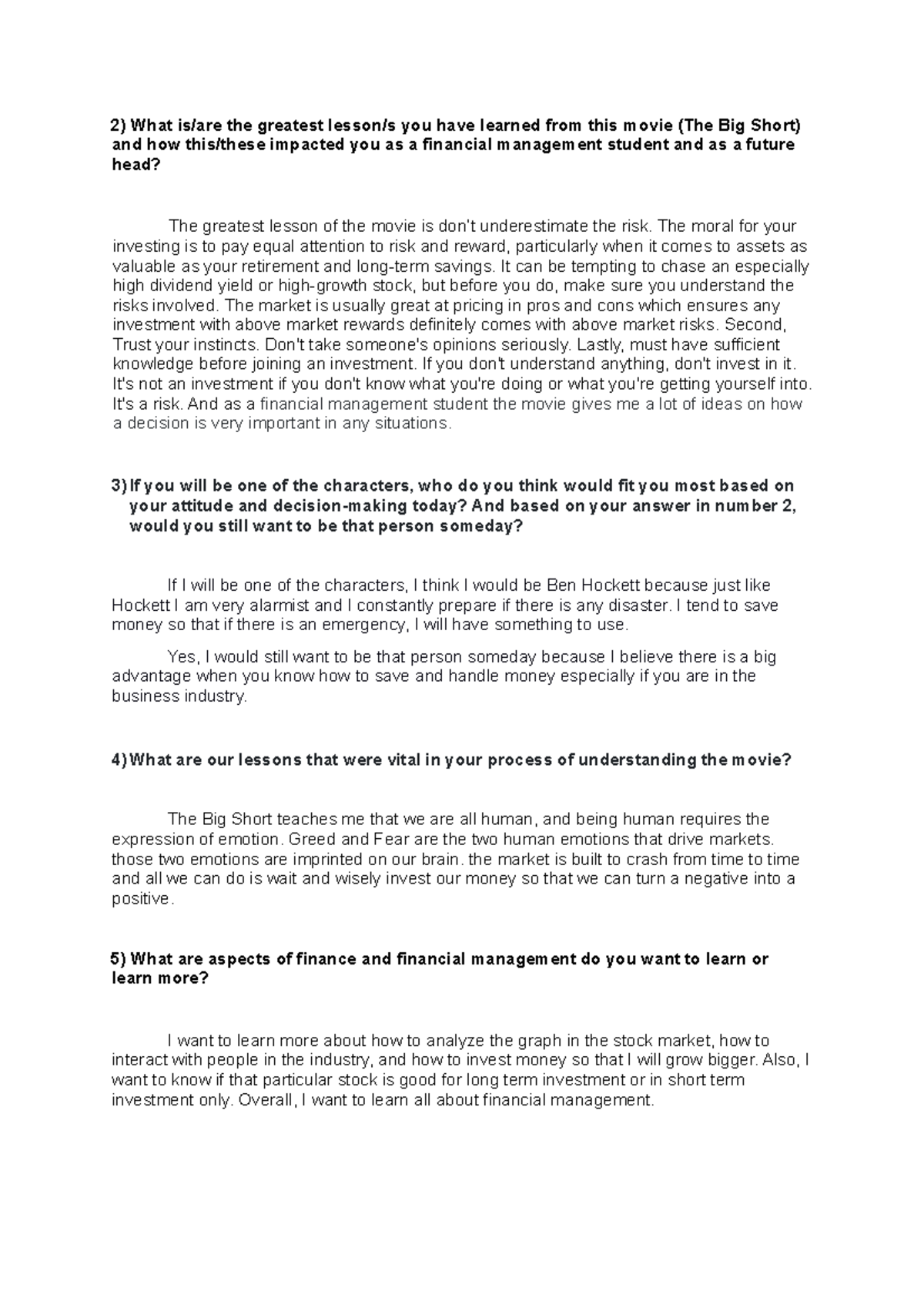 The Big Short Essay - 2) What is/are the greatest lesson/s you have ...