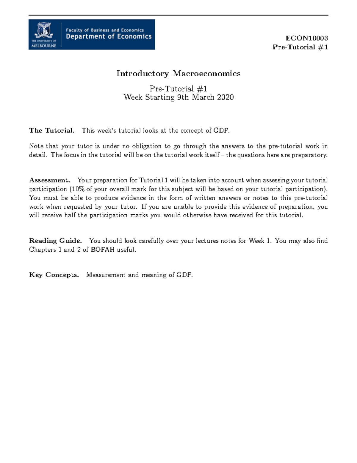 Pre-Tutorial 1 Questions & Solutions - ECON Pre-Tutorial # Introductory ...