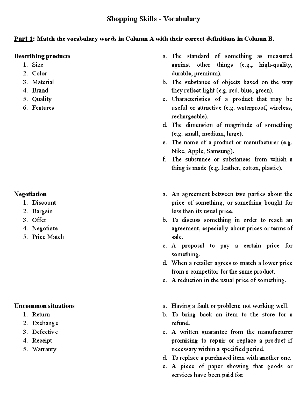 Shopping skills - worksheets, keys and scenario cards - Shopping Skills ...