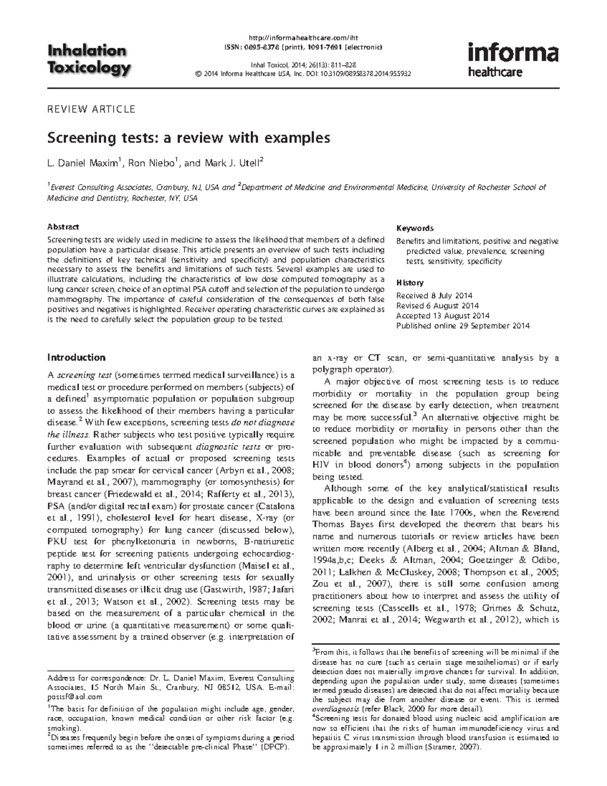 Screening tests A review with examples - informahealthcare/iht ISSN ...
