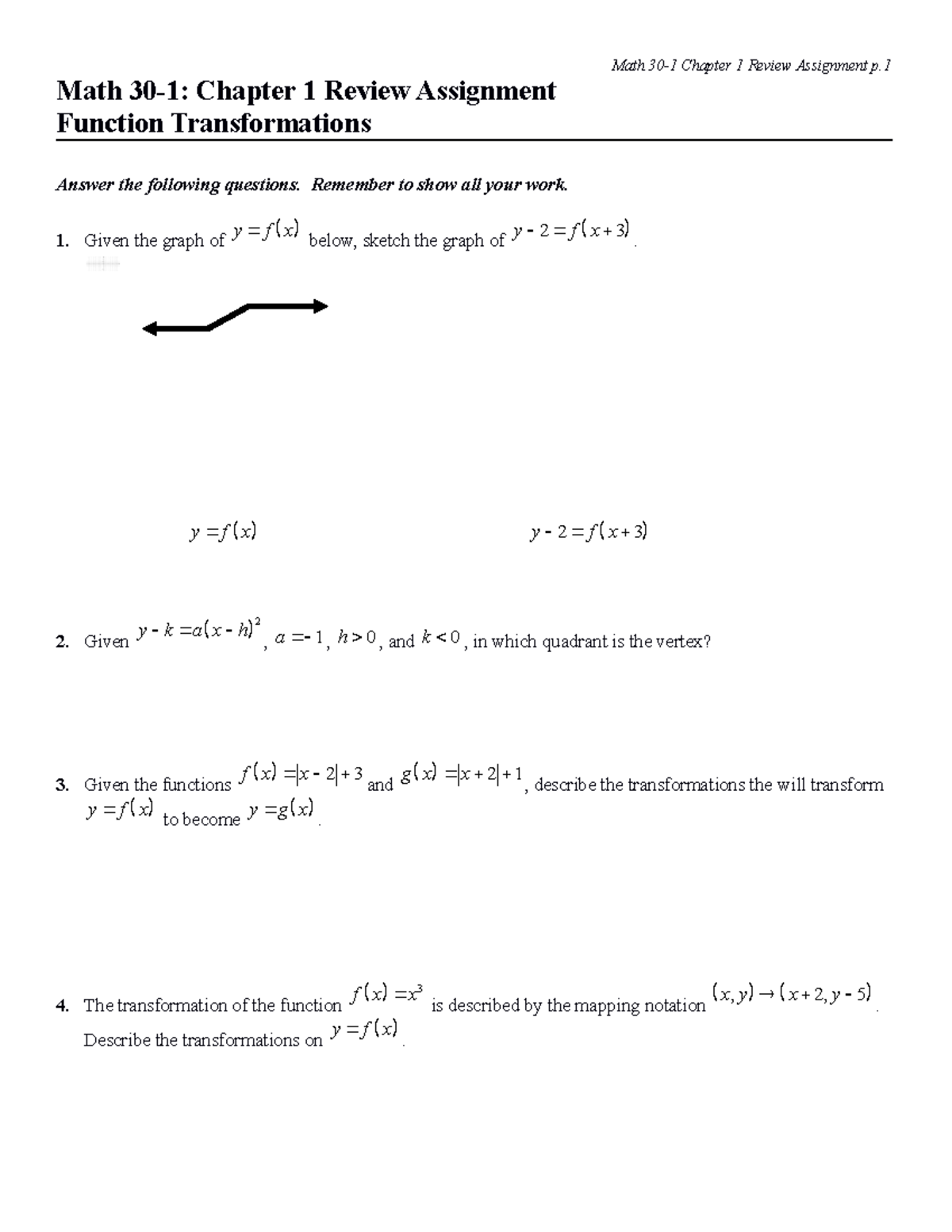 9. Chapter 1 Review (Function Transformations)DK - Math 30-1: Chapter 1 Review Assignment ...