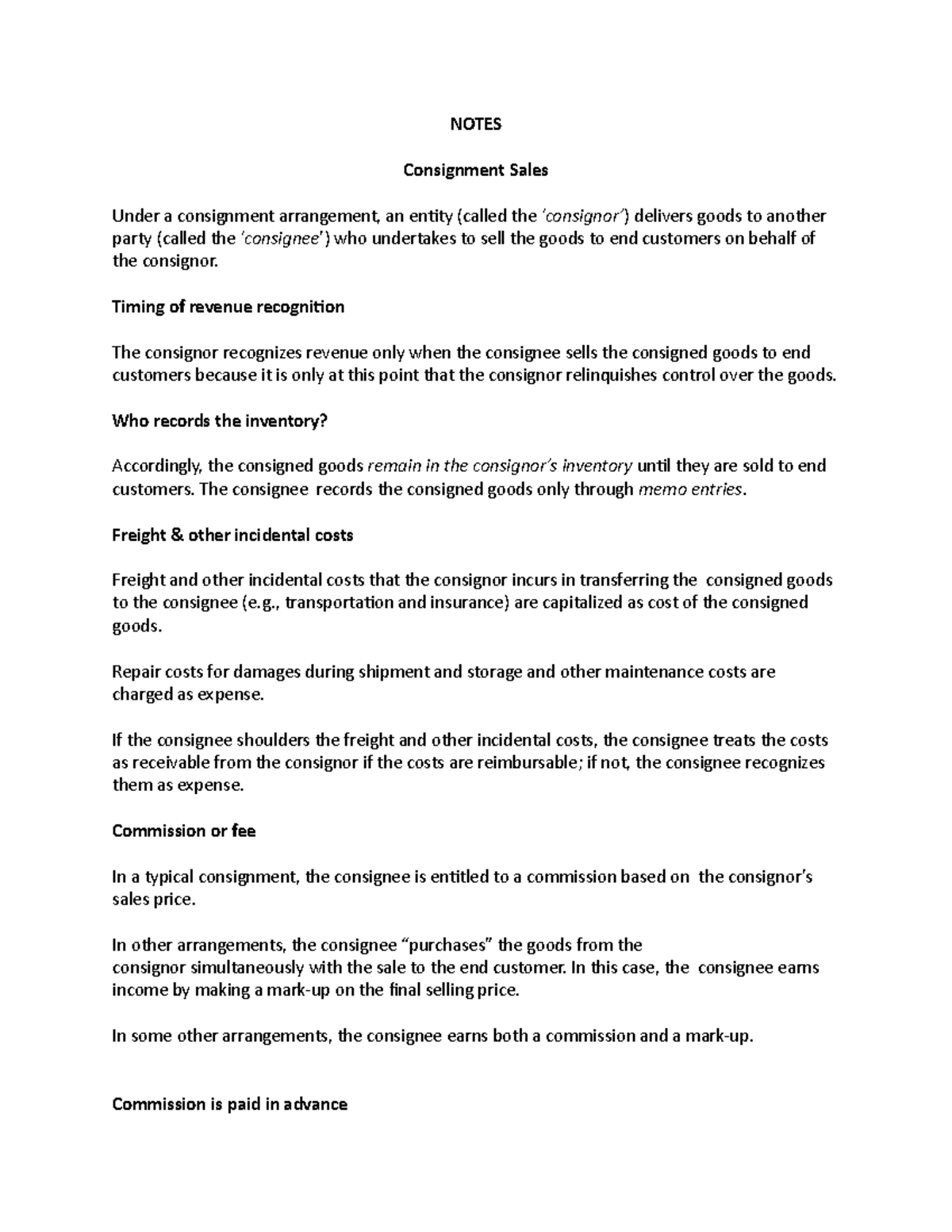 Consignment Sales Notes - NOTES Consignment Sales Under a consignment ...
