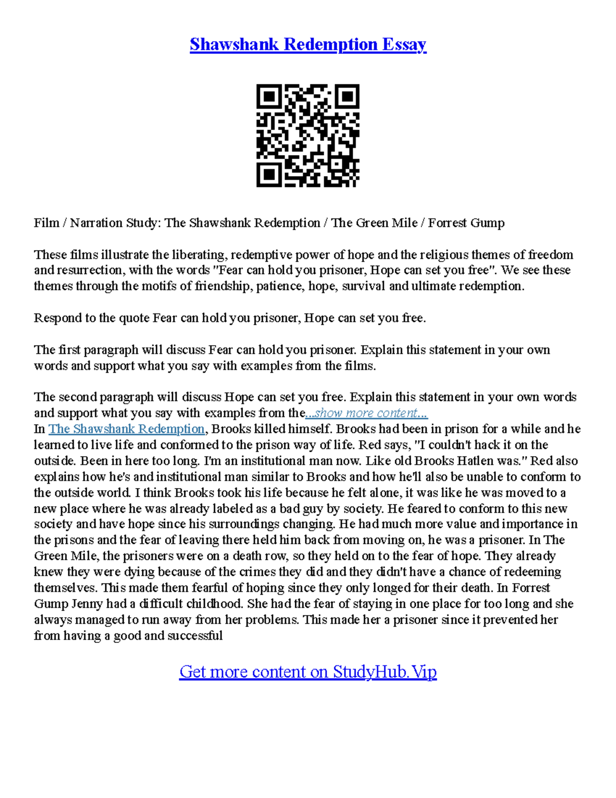 Shawshank Redemption Essay Hope - Shawshank Redemption Essay Film ...