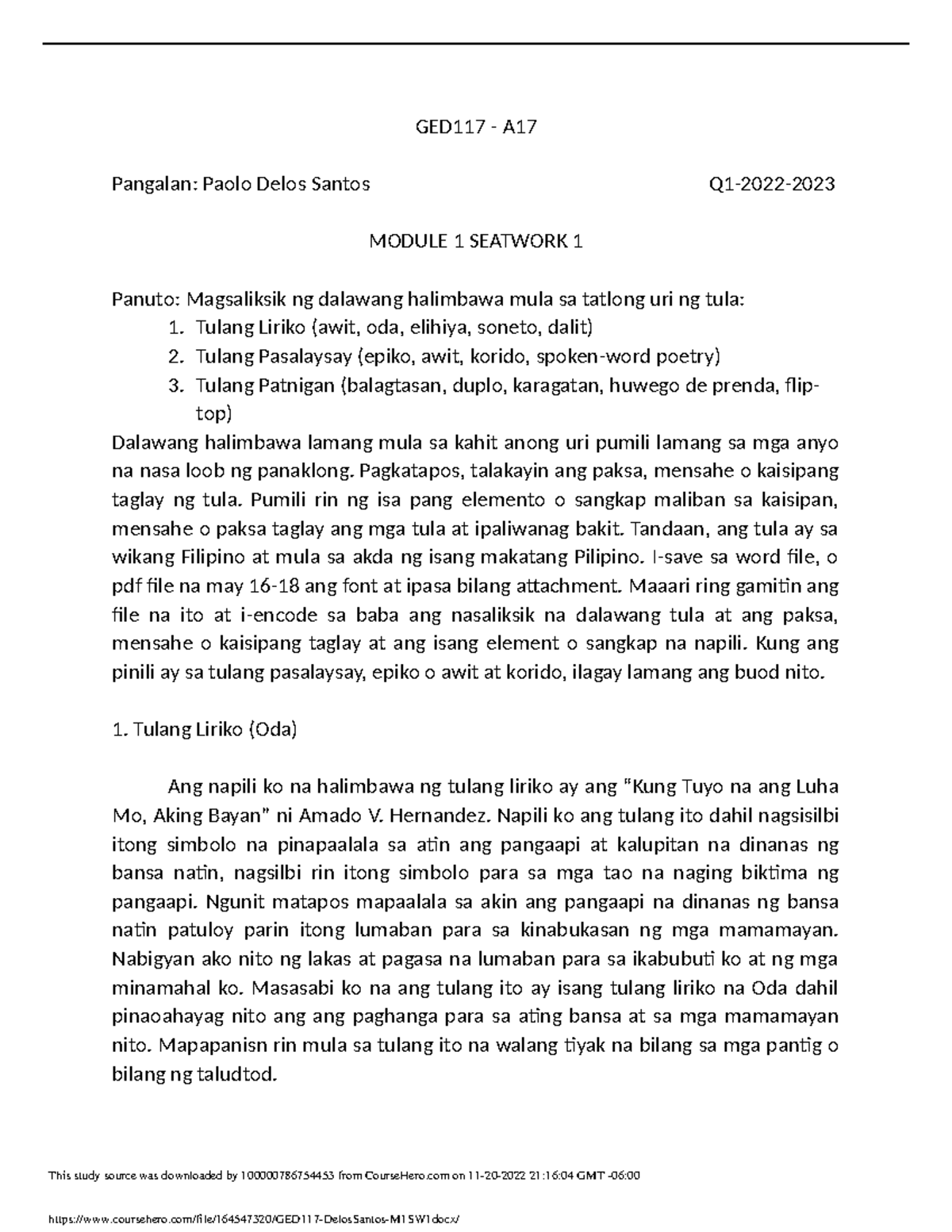 GED117 Delos Santos M1SW1 - GED117 - A Pangalan: Paolo Delos Santos Q1-2022- MODULE 1 SEATWORK 1 ...