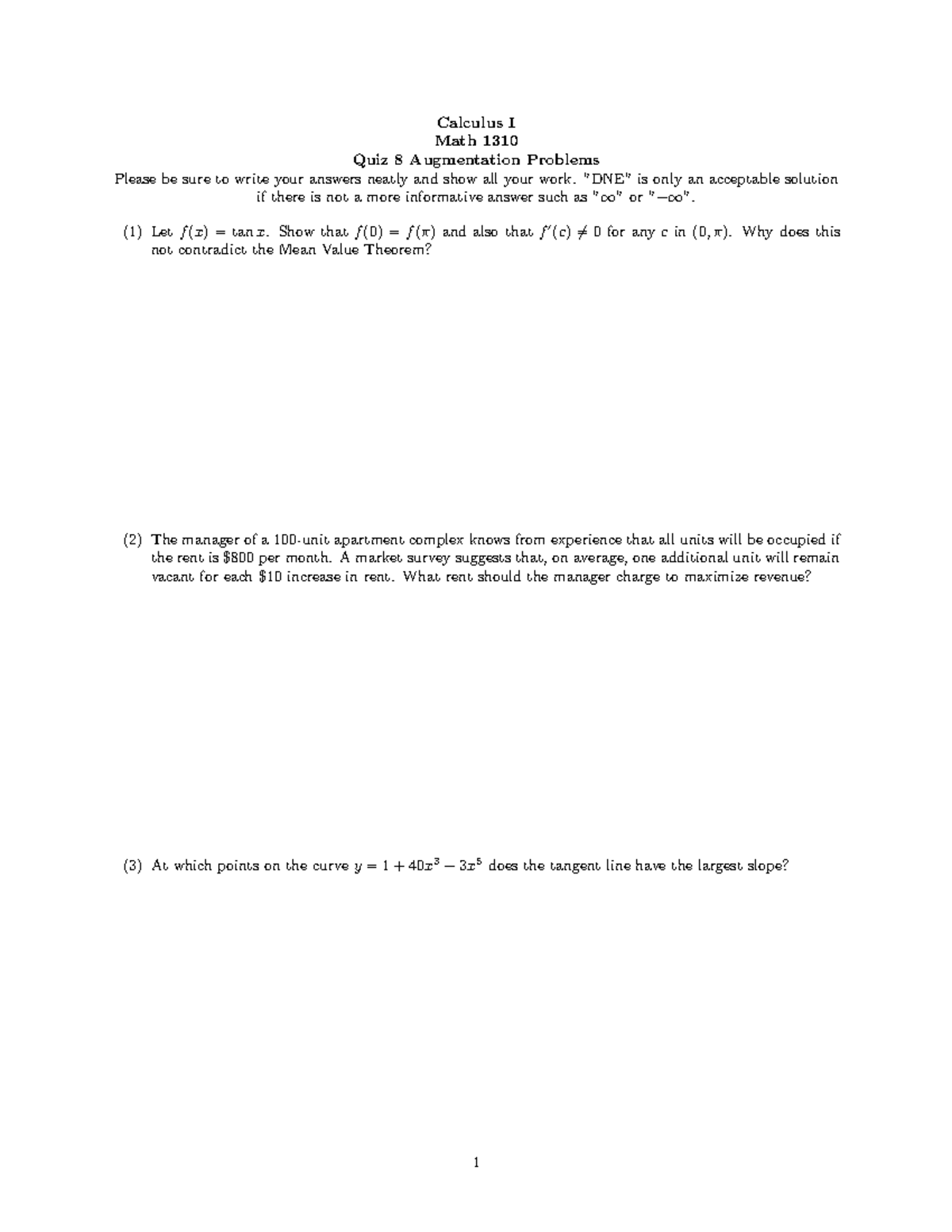 Quiz 8 EC Problems - Calculus I Math 1310 Quiz 8 Augmentation Problems ...
