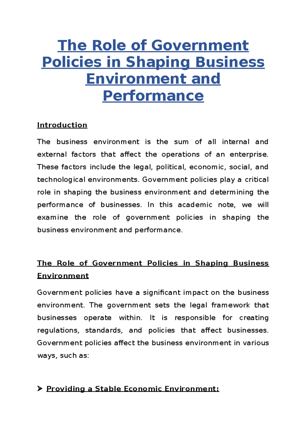 The Role of Government Policies in Shaping Business Environment and ...