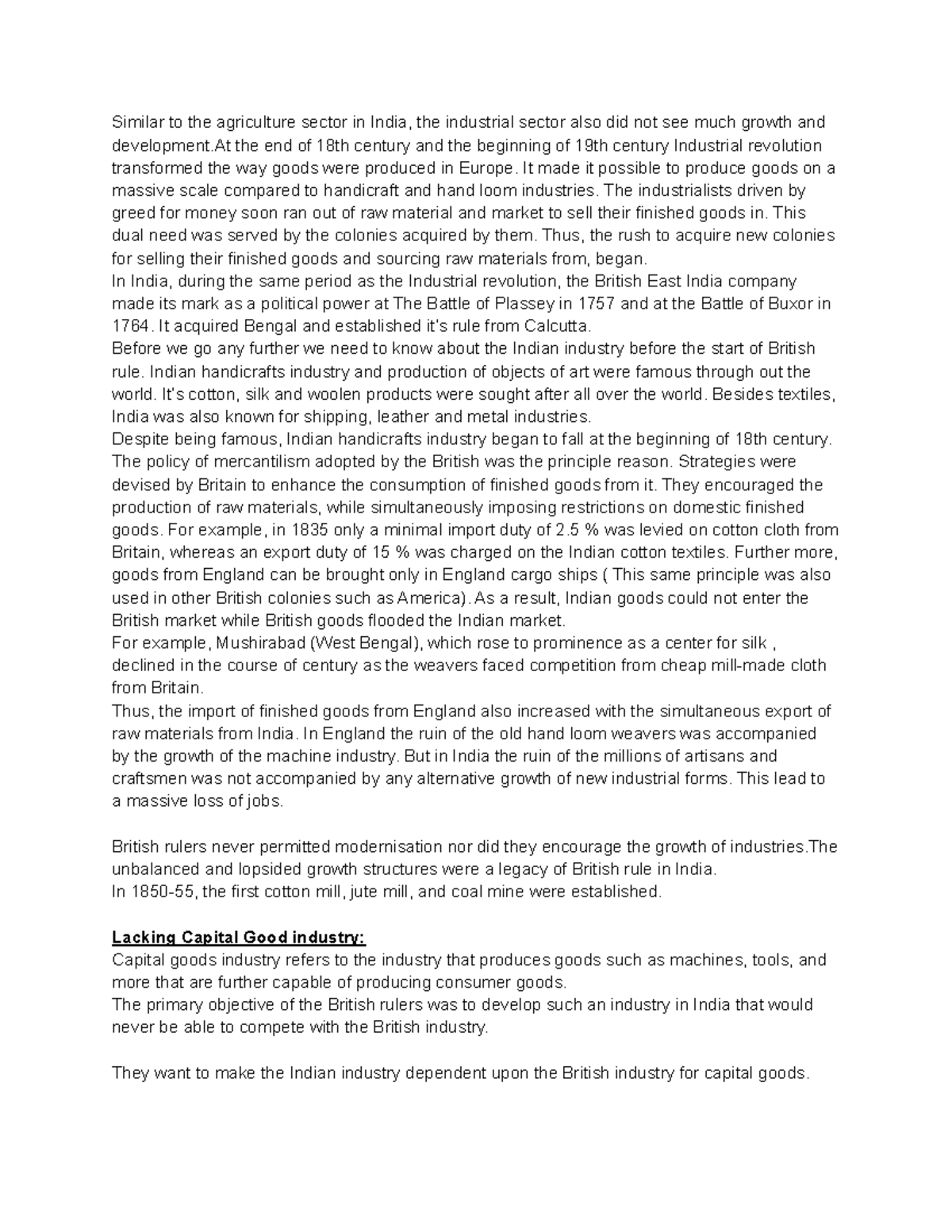 Colonial Impact on Industry in India - Similar to the agriculture ...