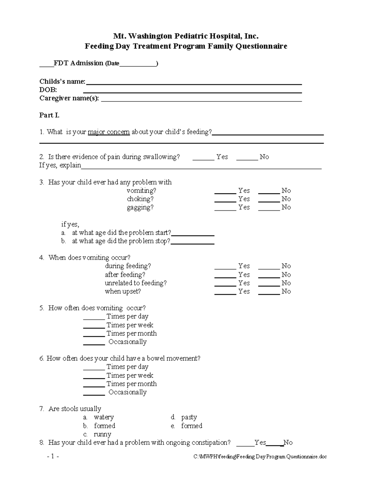 Family Questionnaire - Mt. Washington Pediatric Hospital, Inc. Feeding ...