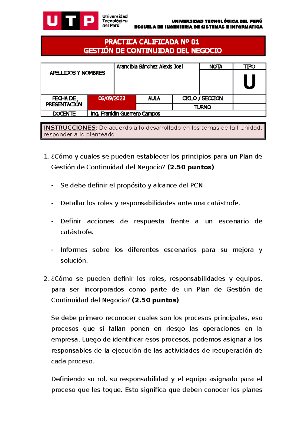 GDCN PC P1 - importante - UNIVERSIDAD TECNOLÓGICA DEL PERÚ ESCUELA DE ...