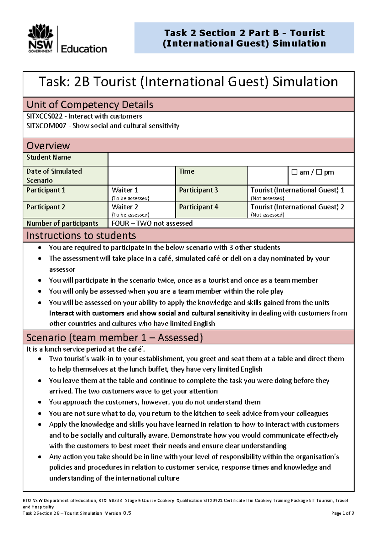 2024 Hosp Co SIT20421 EC Activity Task 2 Section 2 Part B - Student Copy - RTO NSW Department of ...
