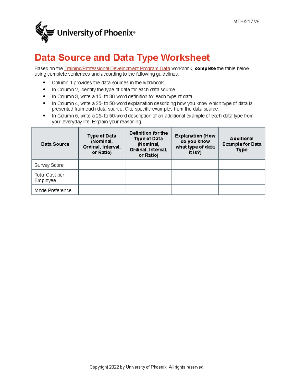 data source and data type worksheet - MTH/217 v Data Source and Data Type Worksheet Based on the ...