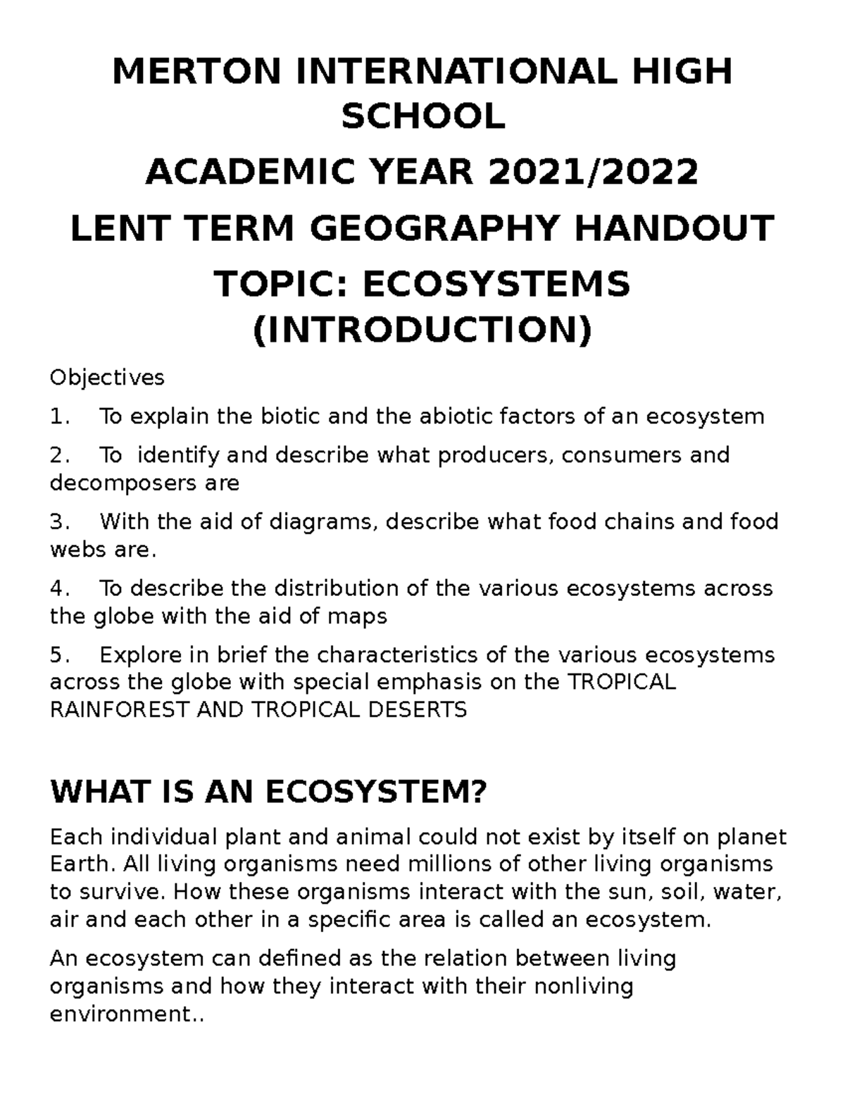 What is an ecosystem - MERTON INTERNATIONAL HIGH SCHOOL ACADEMIC YEAR ...