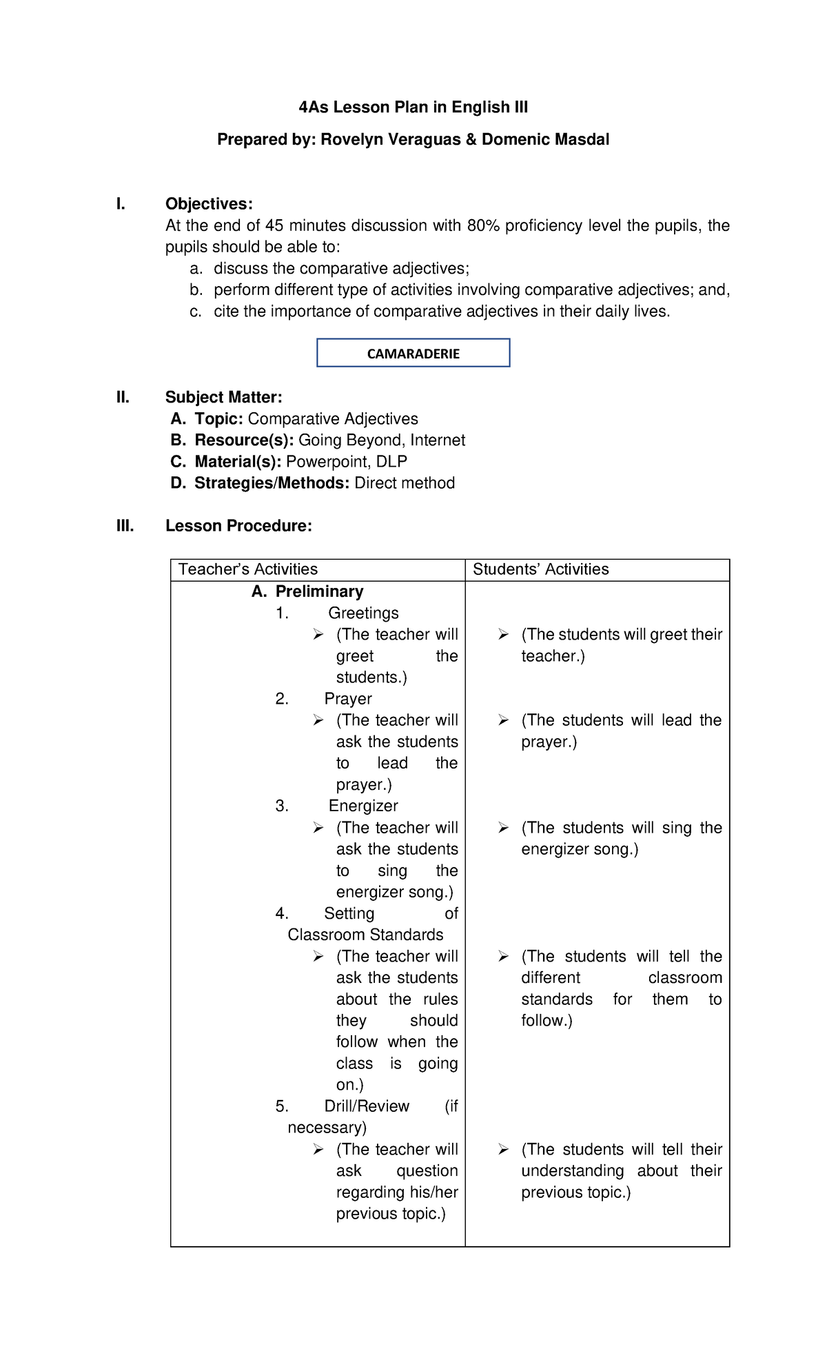 Comparative adjectives - 4As Lesson Plan in English III Prepared by ...