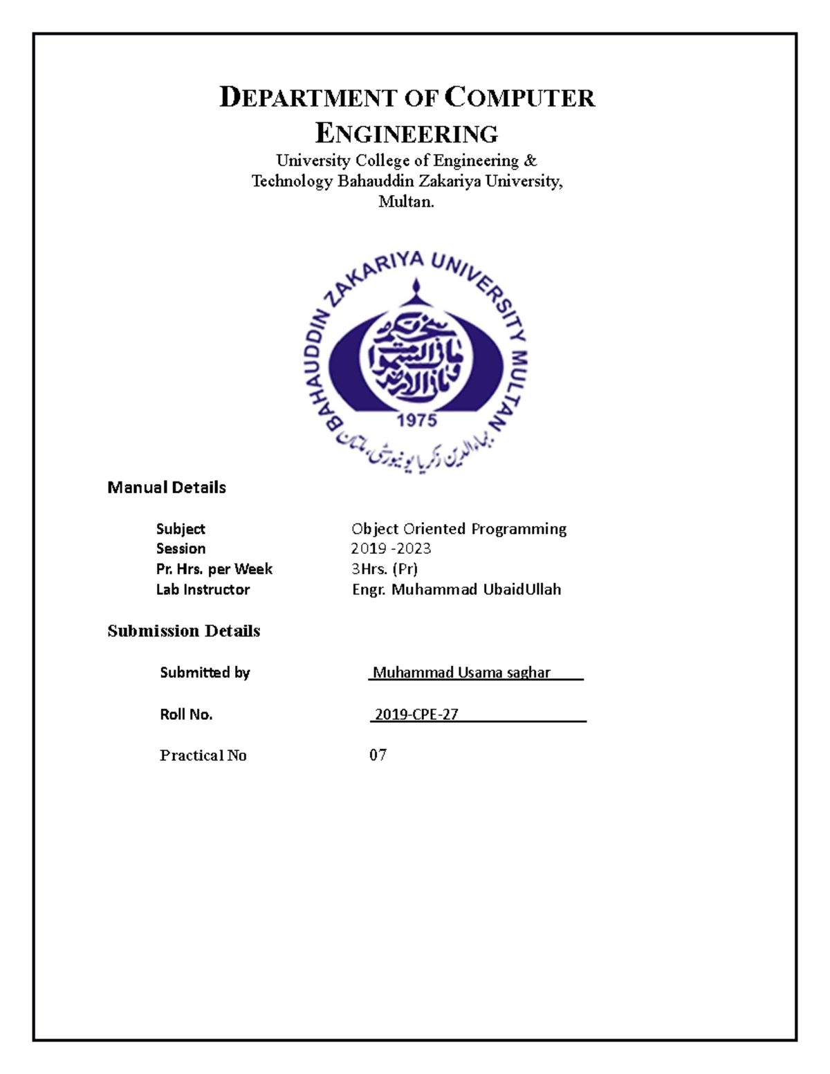 OOP LAB Manual 7 2019-CPE-27 Muhammad Usama Saghar - DEPARTMENT OF ...