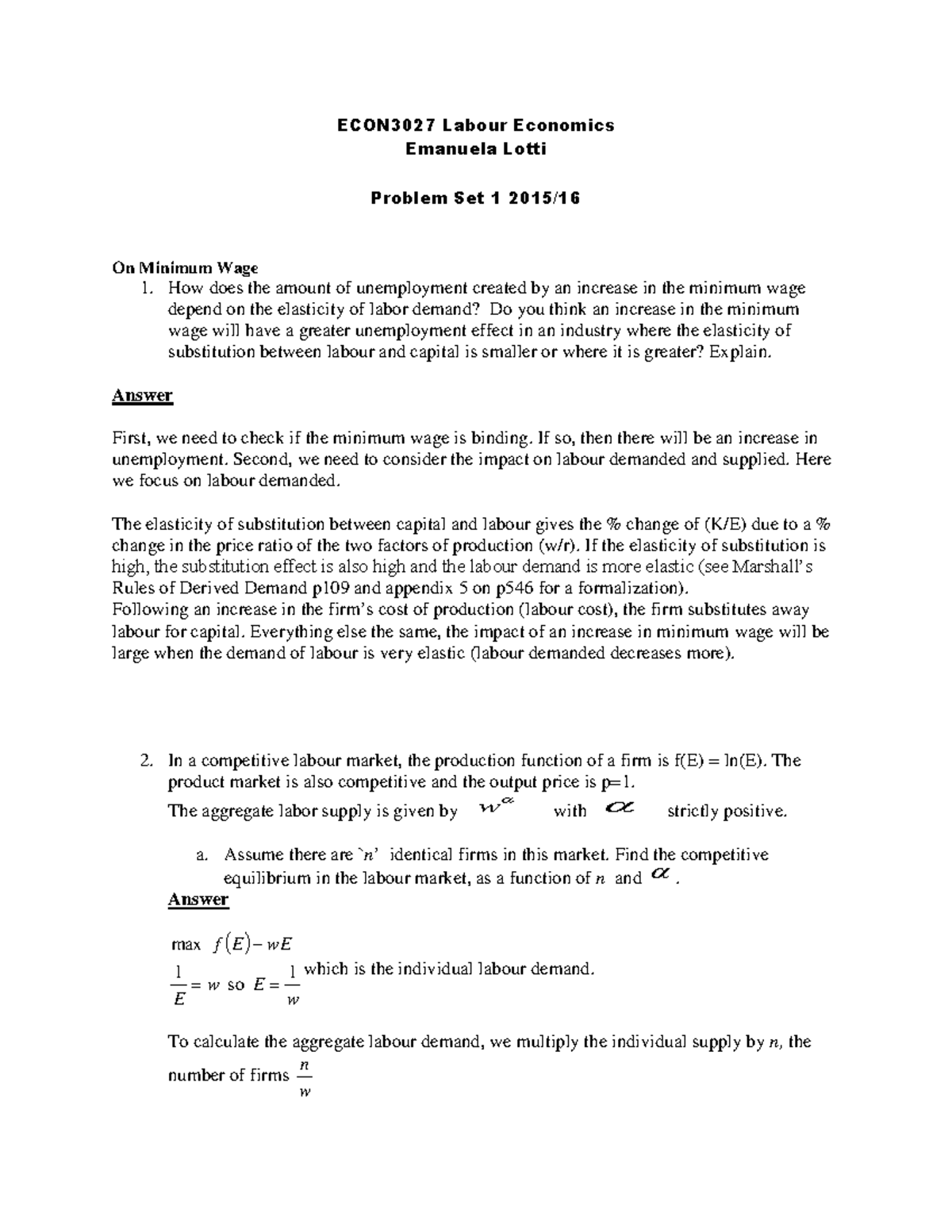 Seminar Assignments Problem Set 1 With Answers Minimum Wage And Labour Supply Econ3027