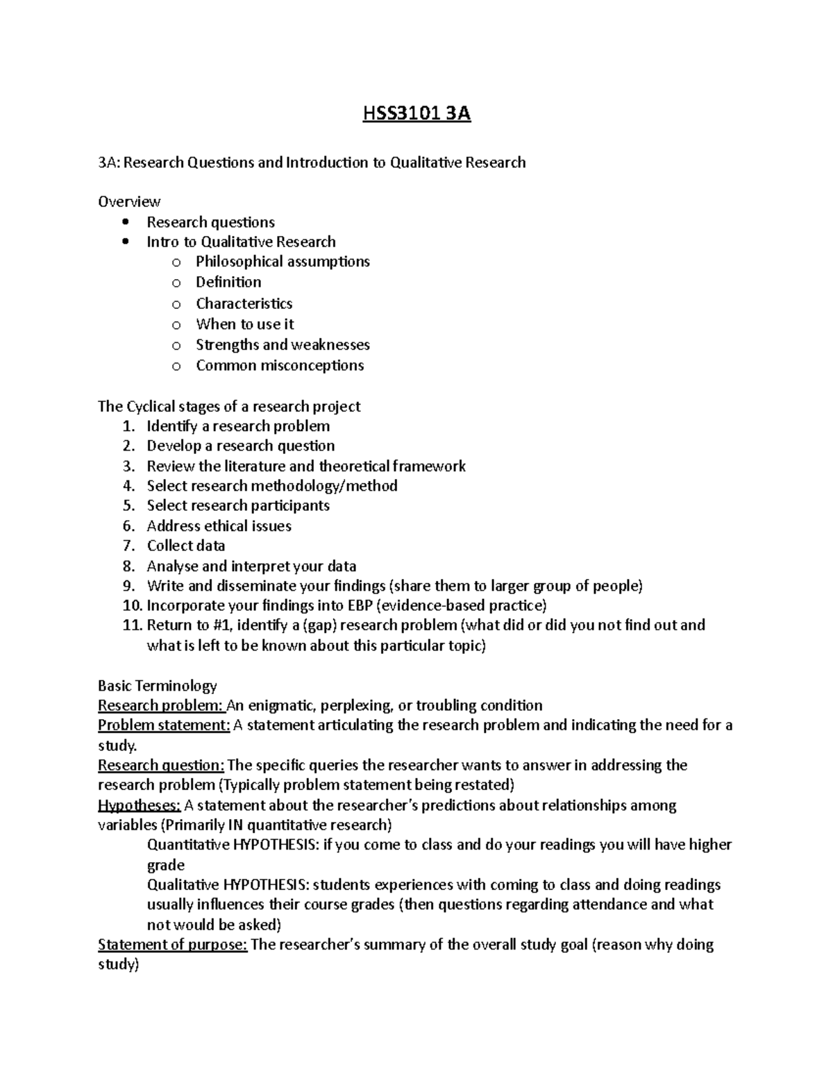 HSS3101 Lecture 3-Part 1 - HSS3101 3A 3A: Research Questions and ...