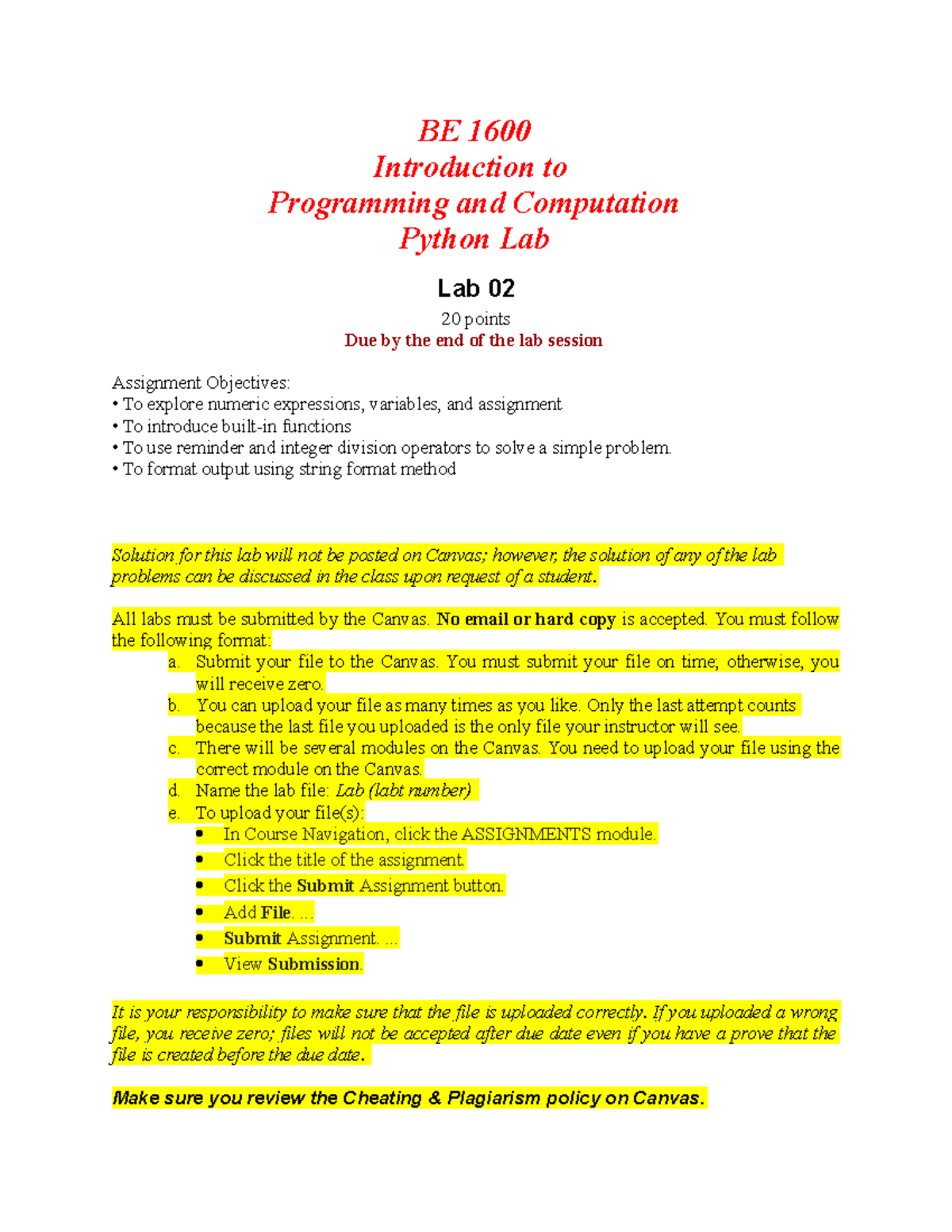 Lab 02 - BE 1600 - python - BE 1600 Introduction to Programming and Computation Python Lab Lab ...