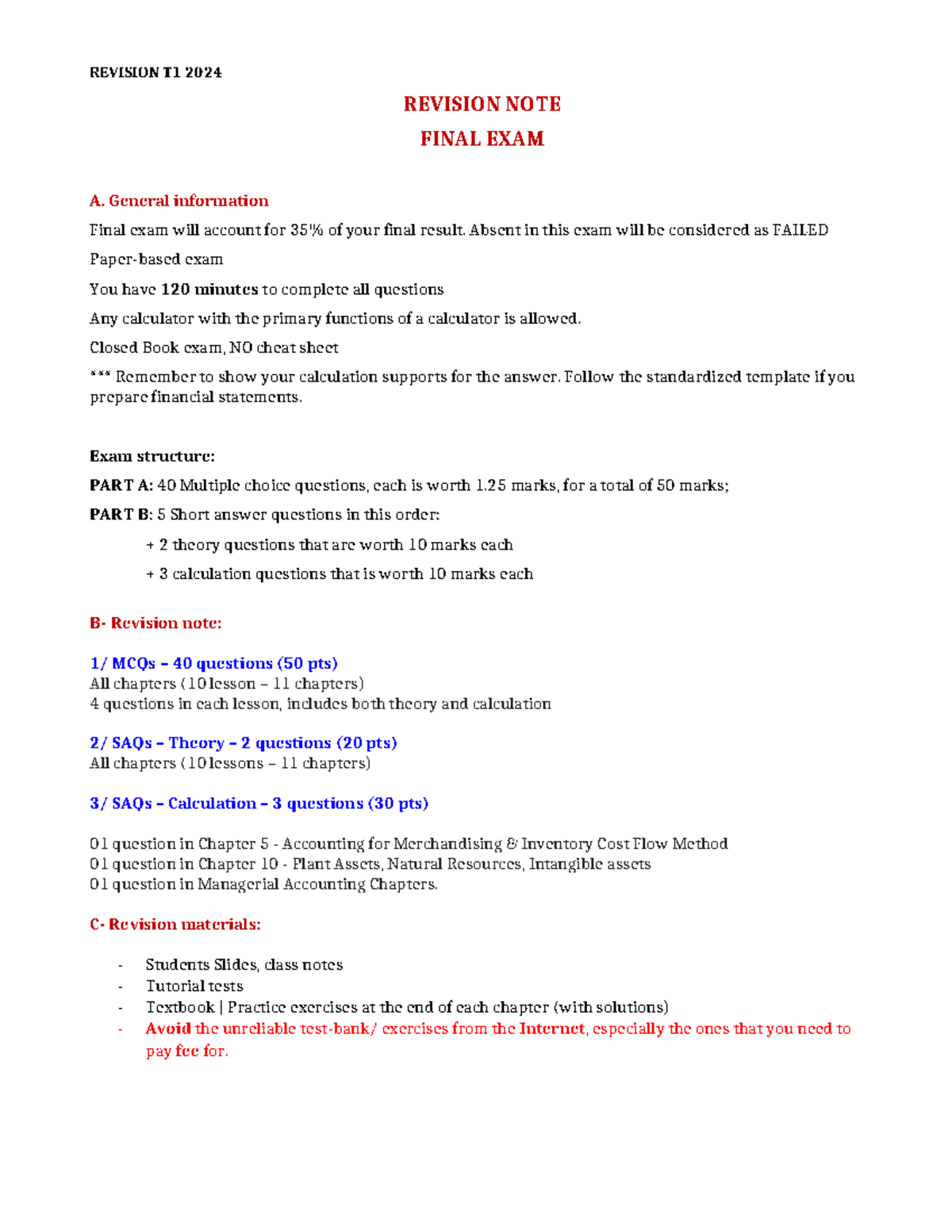 Revision Notes T1 2024 - REVISION T1 2024 REVISION NOTE FINAL EXAM A ...